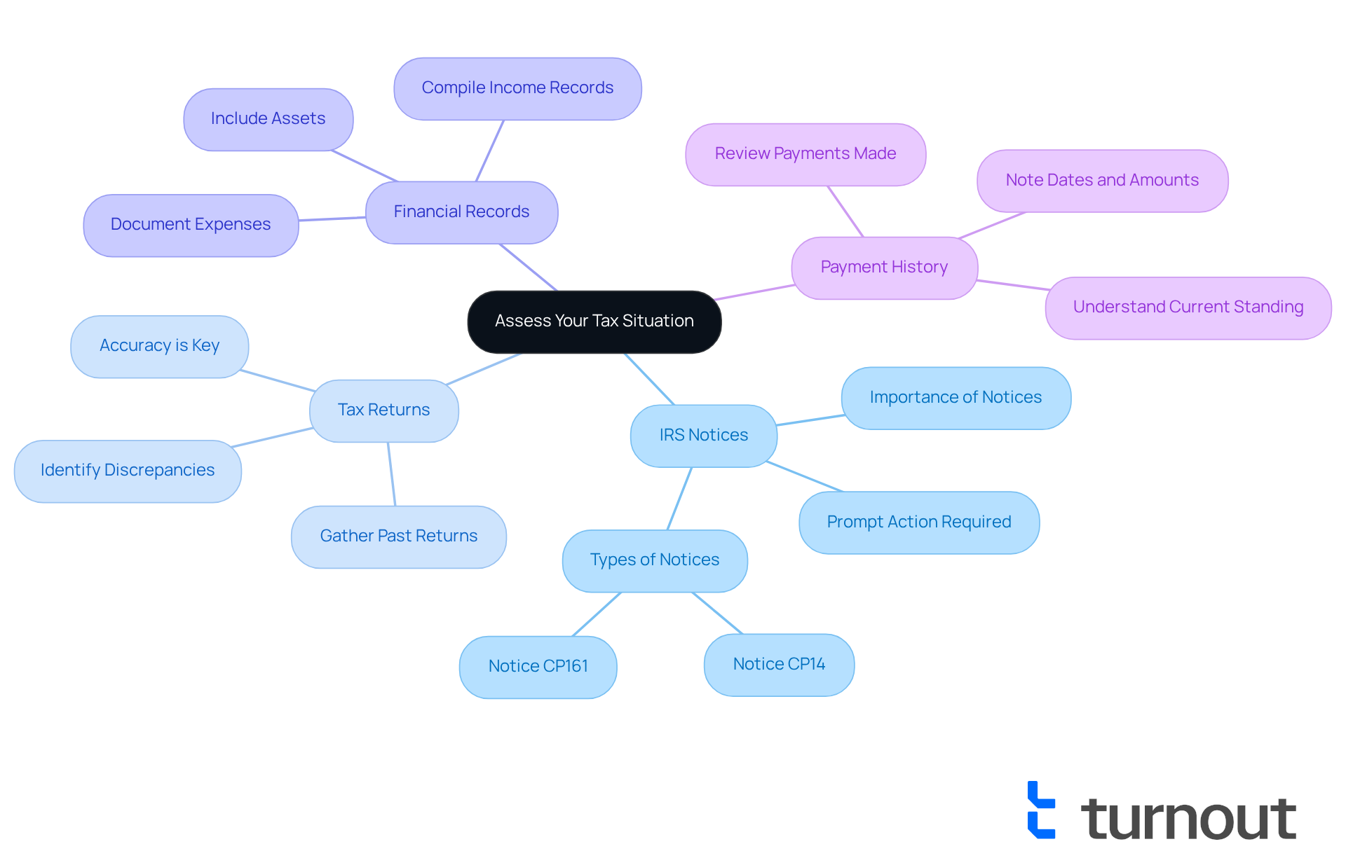 The central node represents the main goal of assessing your tax situation, while the branches show the different types of information you need to gather. Each branch contains specific details that will help you understand your tax obligations better.