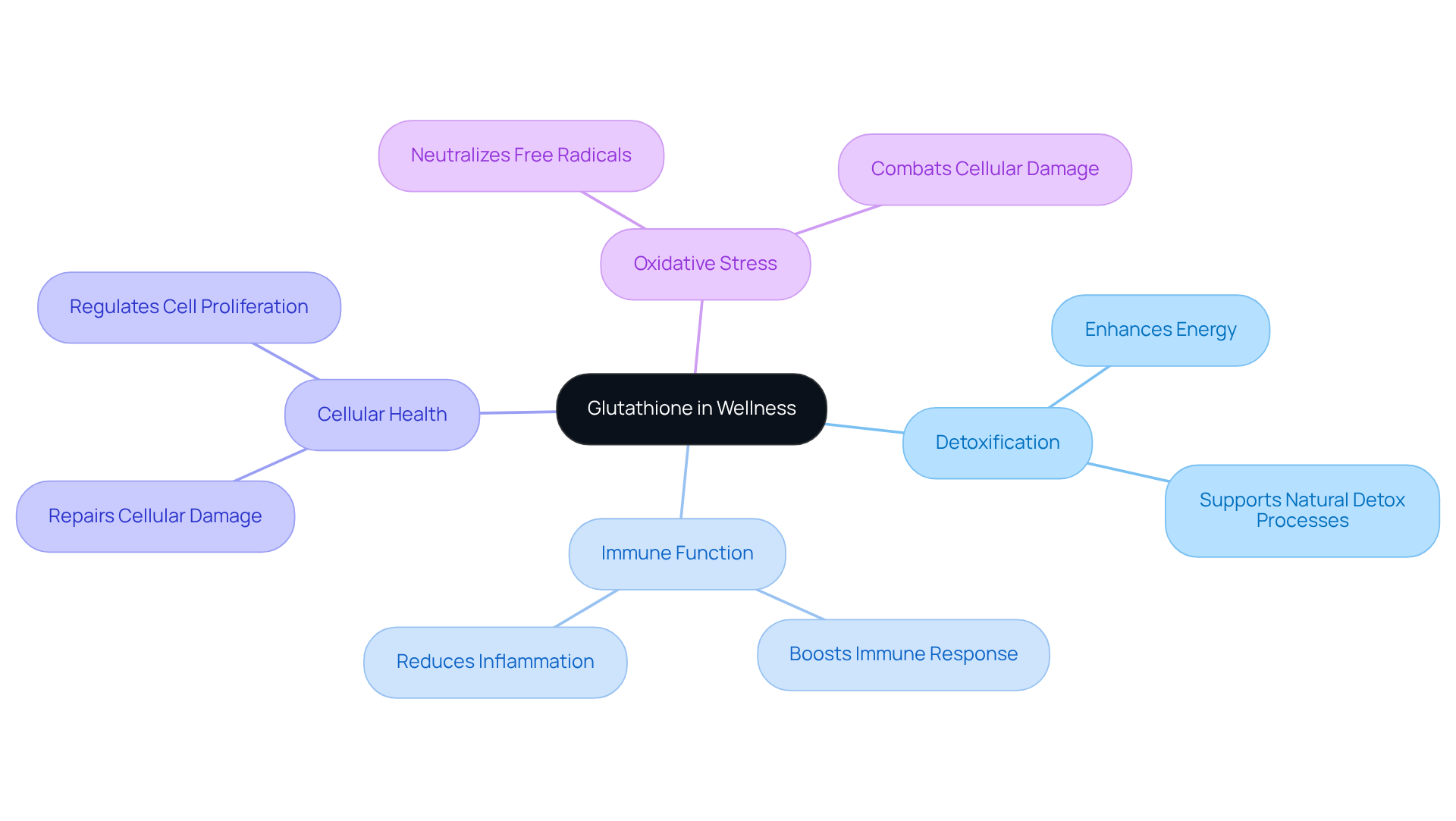 This mindmap illustrates how glutathione supports various aspects of health. Start at the center with glutathione, then explore its branches to see how it contributes to detoxification, immune function, and more. Each branch shows specific benefits, helping you understand the full impact of this powerful antioxidant. This mindmap illustrates how glutathione supports various aspects of health. Start at the center with glutathione, then explore its branches to see how it contributes to detoxification, immune function, and more. Each branch shows specific benefits, helping you understand the full impact of this powerful antioxidant.