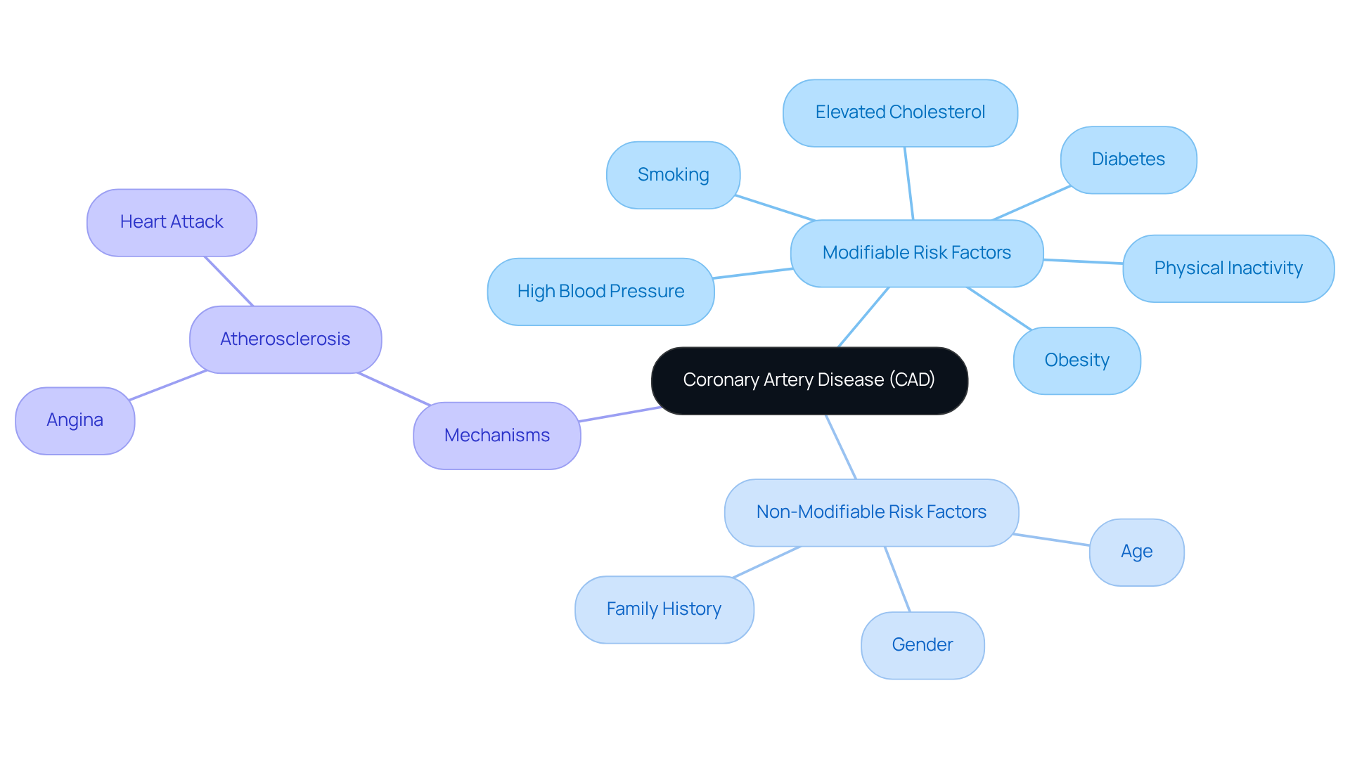 This mindmap illustrates the key factors contributing to CAD. Each branch represents different categories of risk factors and mechanisms, helping you understand how they connect to the disease. The central node is CAD, with branches for modifiable factors you can change and non-modifiable factors that are beyond your control.