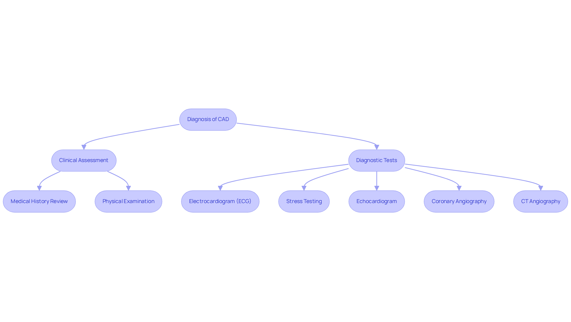 This flowchart outlines the steps involved in diagnosing CAD. Start at the top with the overall diagnosis, then follow the arrows to see how clinical assessments and specific diagnostic tests contribute to identifying the condition.