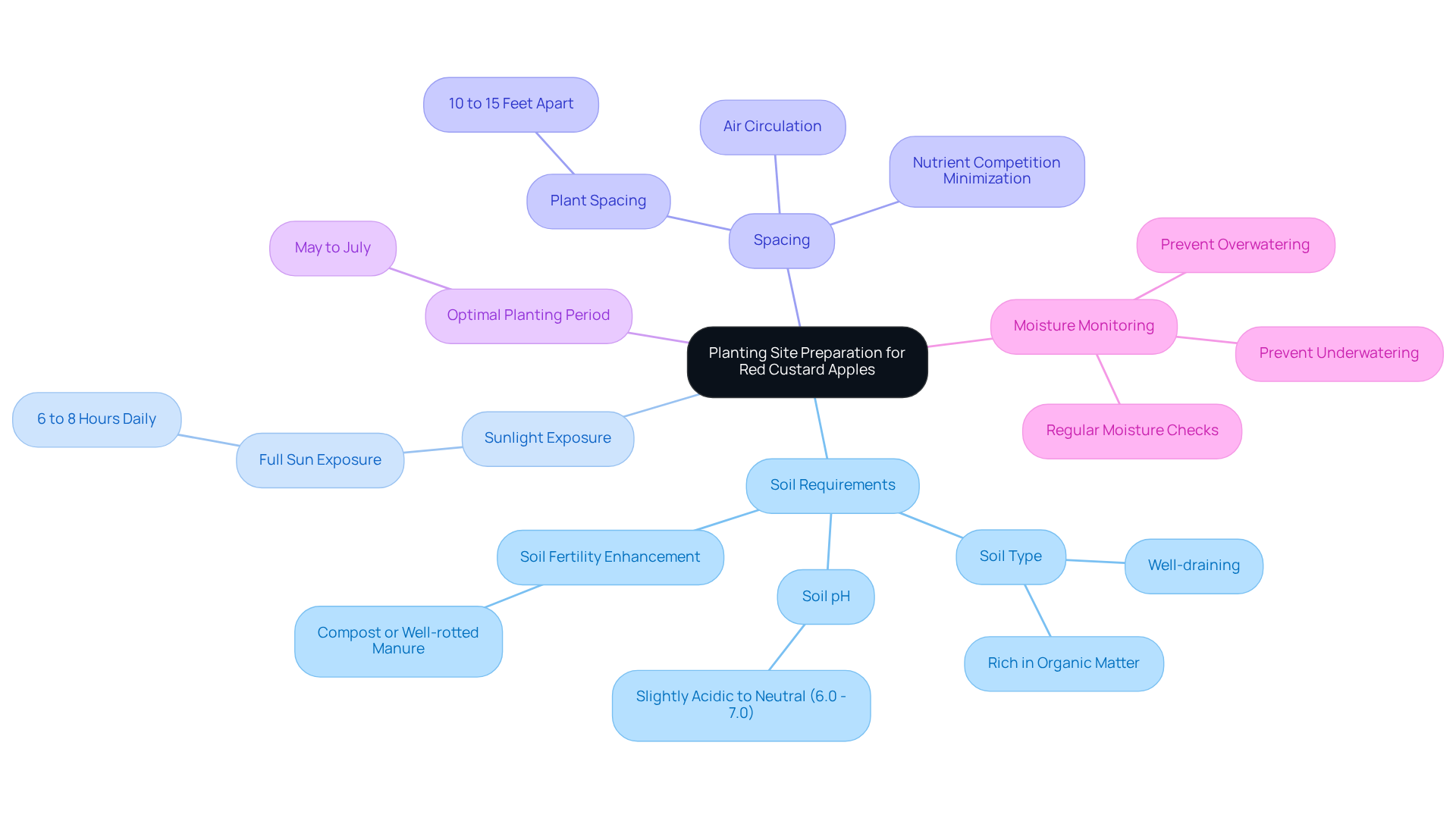 This mindmap outlines what you need to consider for planting red custard apples. Start at the center with the main topic, then explore each branch for specific requirements related to soil, sunlight, spacing, planting times, and moisture care.