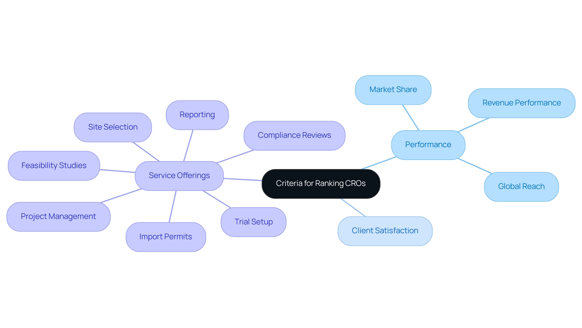 The central node represents the overall ranking criteria, with branches showing performance indicators, client satisfaction, and service offerings.