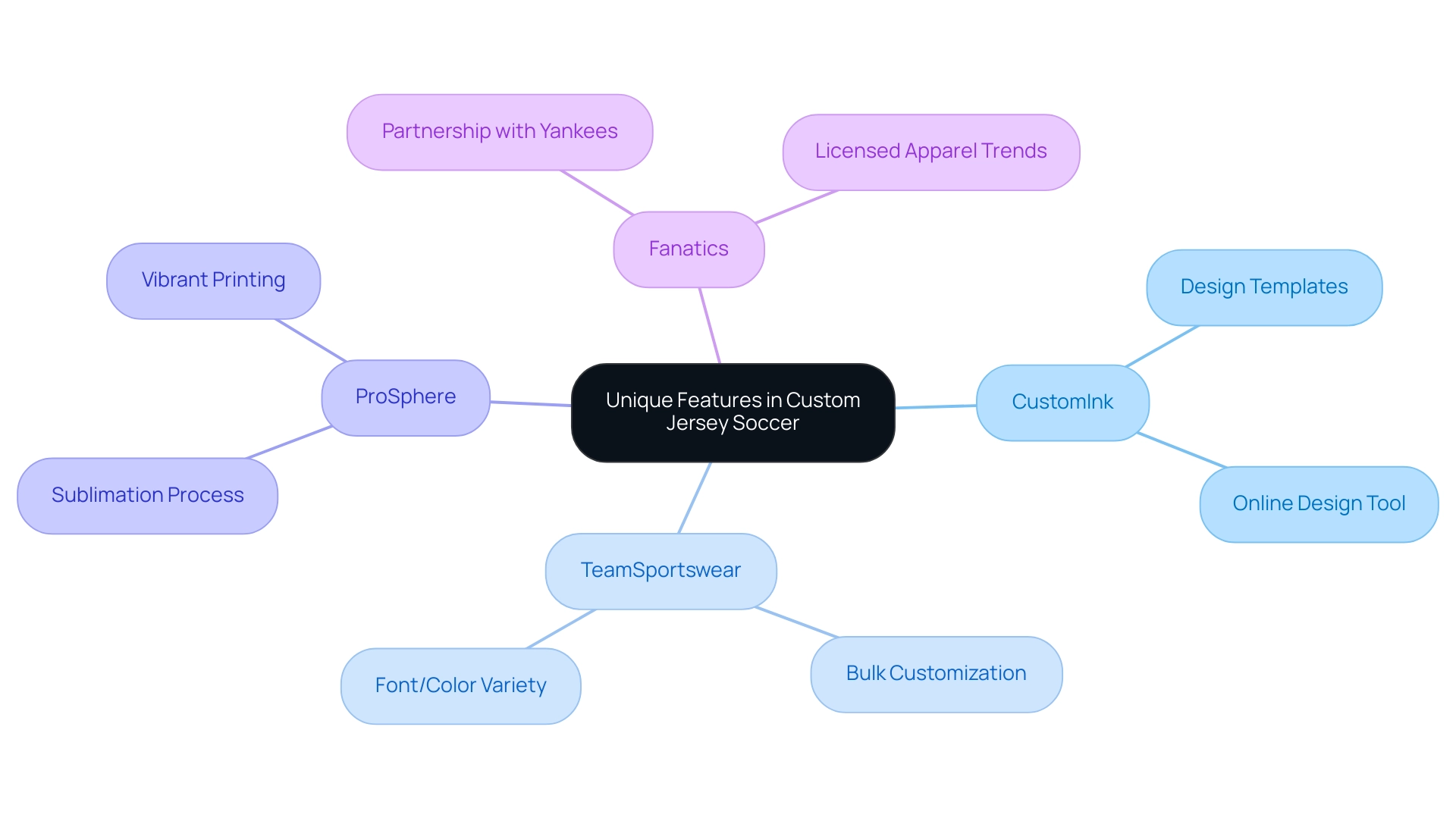 Branches represent different suppliers, with sub-branches detailing their unique features and customization options.