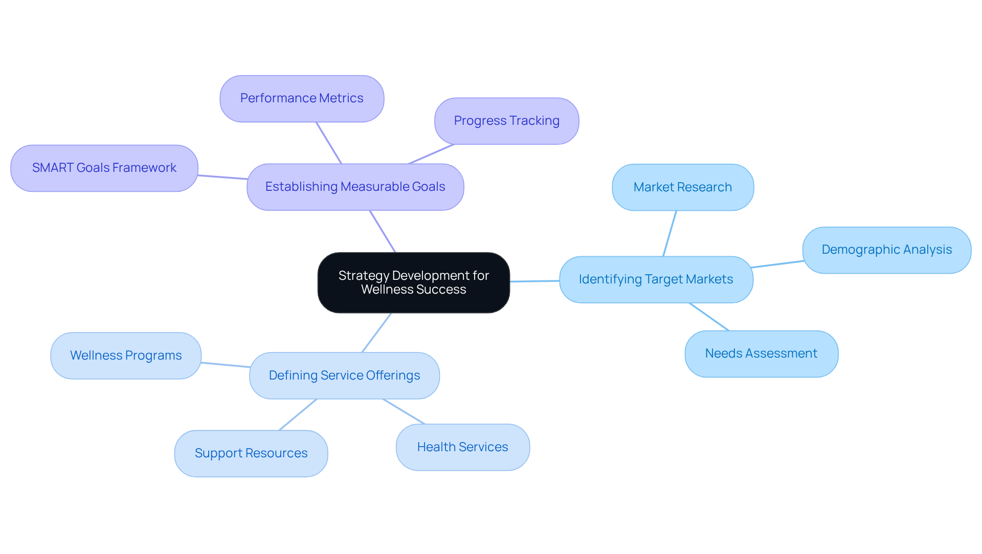 The central node represents the overall strategy, while the branches show the key steps to take. Each color-coded branch helps you see how different aspects of the strategy connect and contribute to building a successful wellness business.