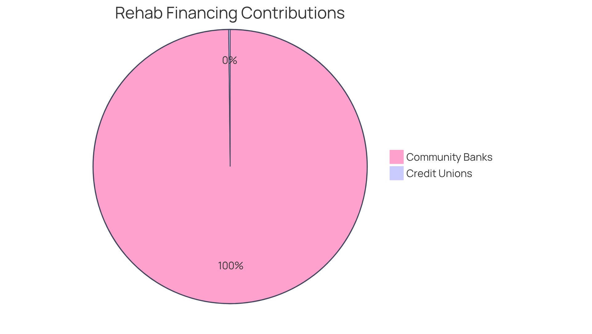 This pie chart shows how much local banks and credit unions contribute to rehab financing. The larger blue slice represents the significant funding from community banks, while the smaller green slice shows the contribution from credit unions. This visual helps you see the difference in their impact on local property rehabilitation.