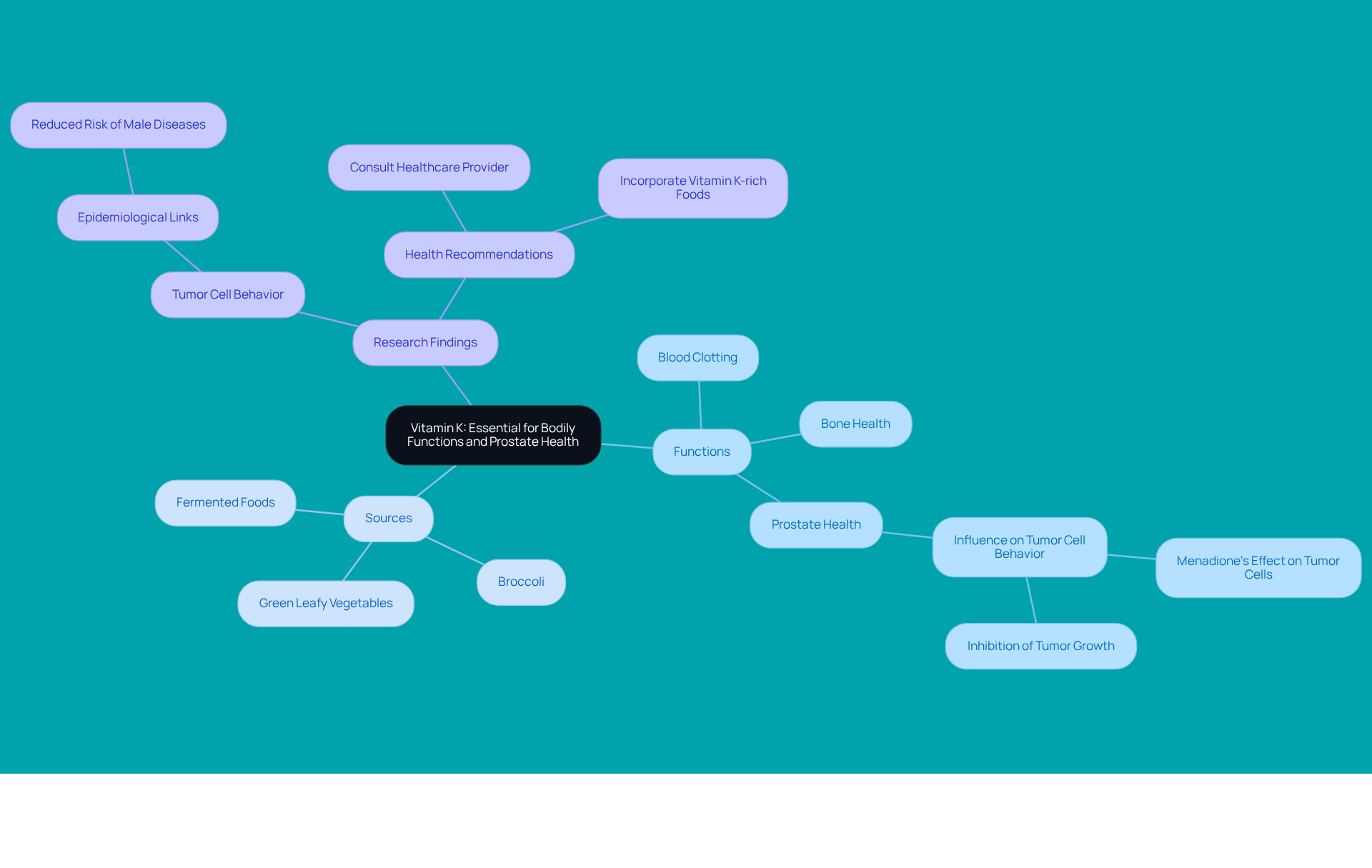 The central node represents Vitamin K, while the branches show its functions, sources, and research findings. Each color-coded branch helps you see how these aspects relate to the overall importance of Vitamin K for health.