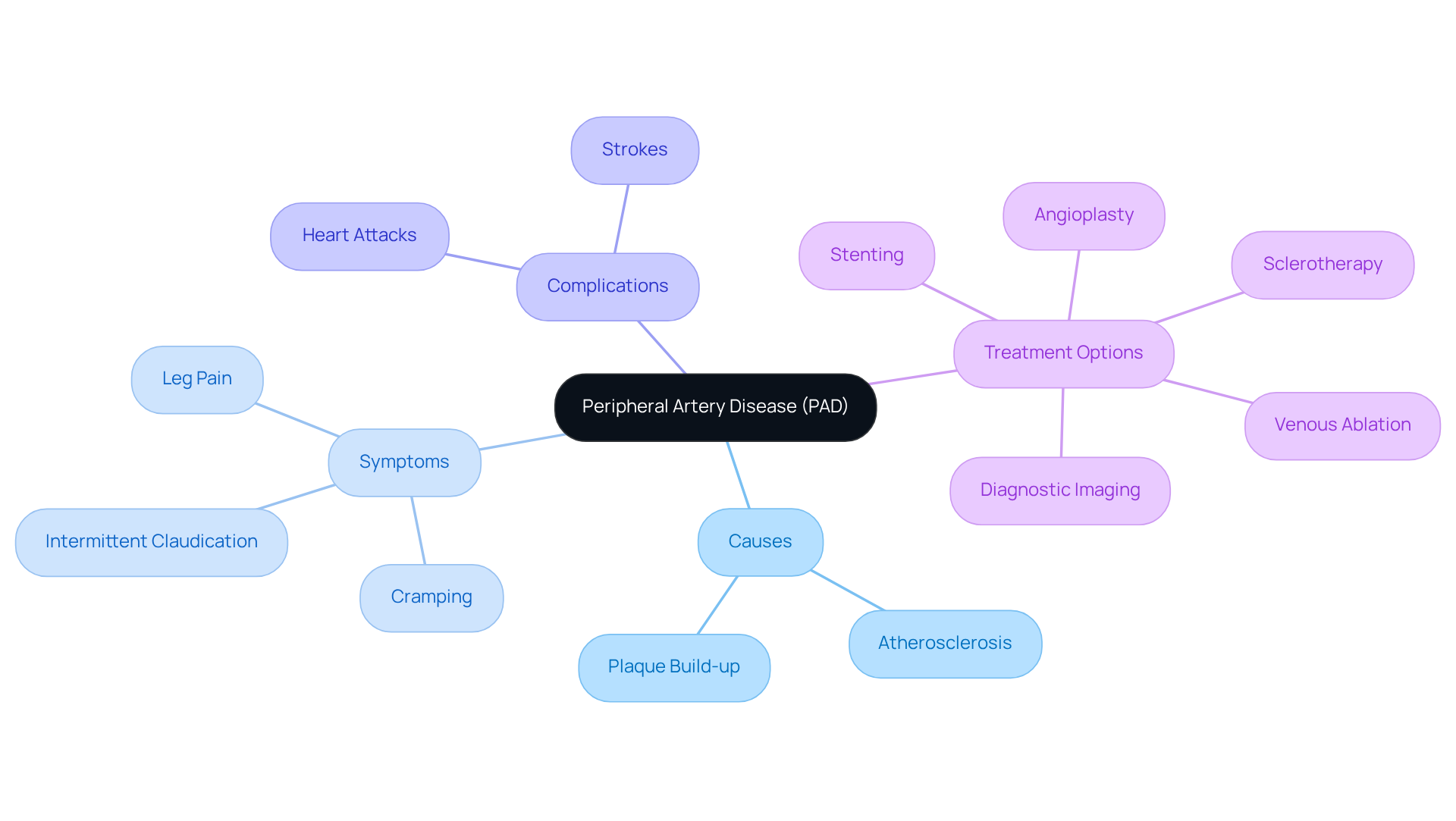 The central node represents PAD, with branches showing its causes, symptoms, complications, and treatment options. Each branch helps you see how these elements relate to the overall condition.