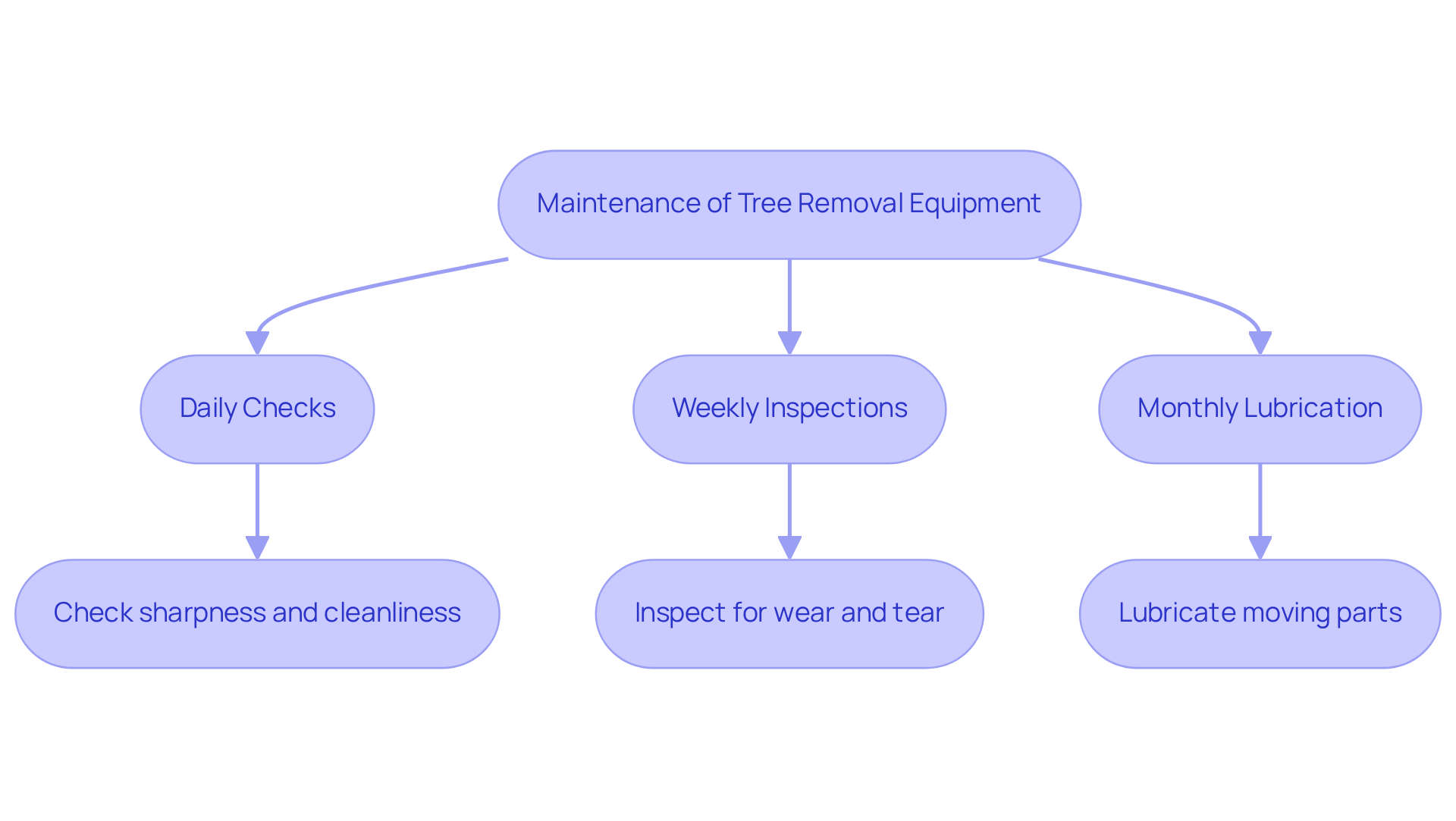 Follow the arrows to see the steps for maintaining tree removal equipment. Each box represents a different frequency of checks, with specific actions listed underneath to guide operators in keeping their tools safe and effective.