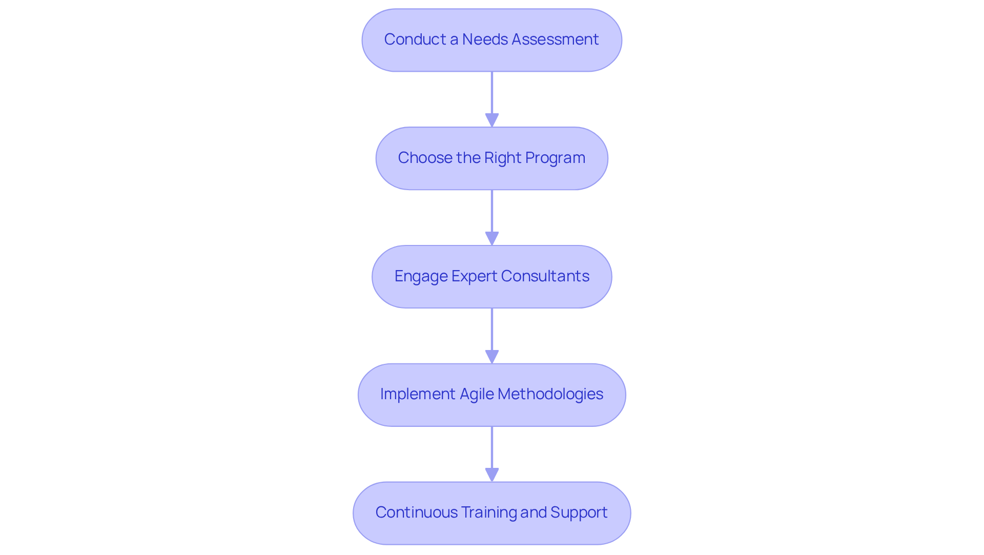 This flowchart outlines the essential steps for integrating business consulting with software solutions. Start at the top with the needs assessment and follow the arrows down to see how each step builds on the previous one, leading to effective implementation and ongoing support.