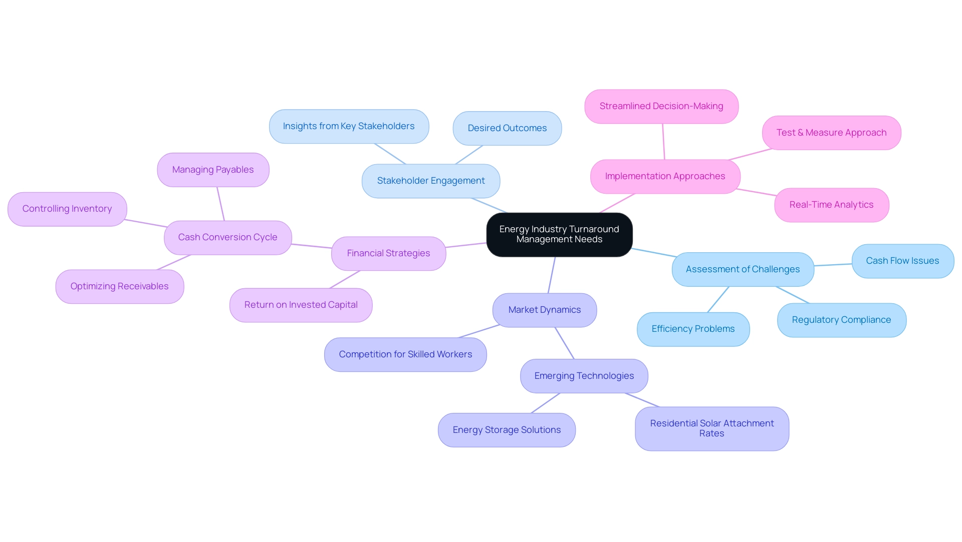 The central node represents overall needs, while branches represent key components of turnaround management. Each color identifies a different category of needs.