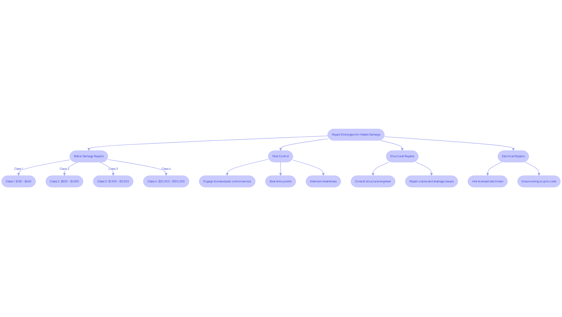 This flowchart guides property owners through various repair strategies for hidden damage. Each branch represents a type of damage, with specific actions and cost considerations listed underneath. Follow the arrows to see the recommended steps for addressing each issue. This flowchart guides property owners through various repair strategies for hidden damage. Each branch represents a type of damage, with specific actions and cost considerations listed underneath. Follow the arrows to see the recommended steps for addressing each issue.