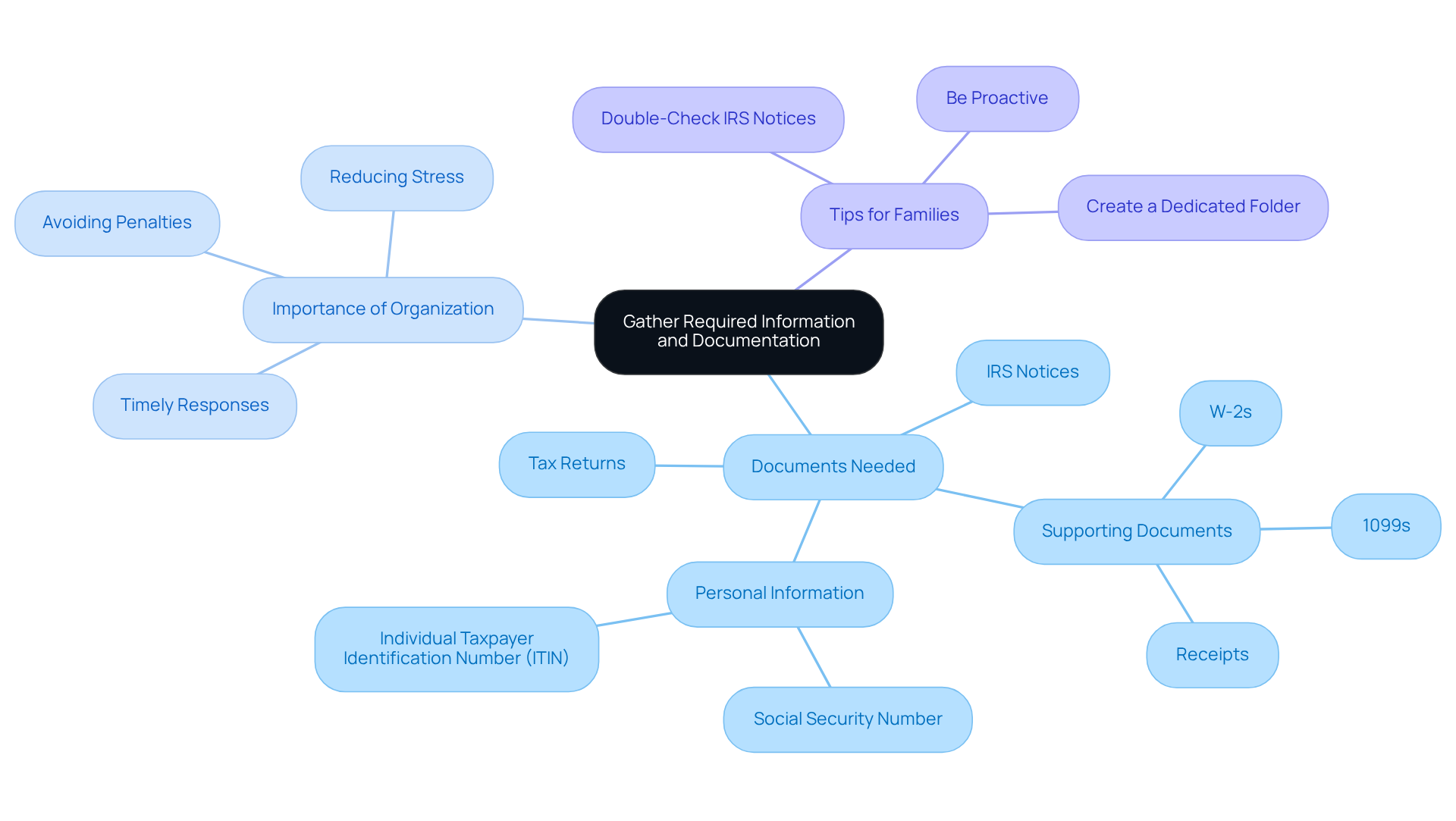 The center represents the main task of gathering information. Each branch shows different aspects of this task, helping you see what documents you need and how to stay organized. The center represents the main task of gathering information. Each branch shows different aspects of this task, helping you see what documents you need and how to stay organized.