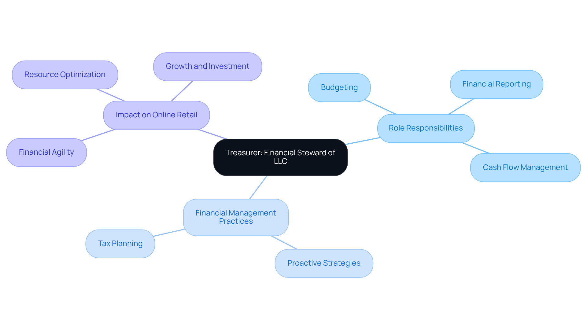 The central node represents the Treasurer's role, while branches show their responsibilities and practices. Each color-coded branch helps you see how these elements connect to support the financial health of an LLC. The central node represents the Treasurer's role, while branches show their responsibilities and practices. Each color-coded branch helps you see how these elements connect to support the financial health of an LLC.