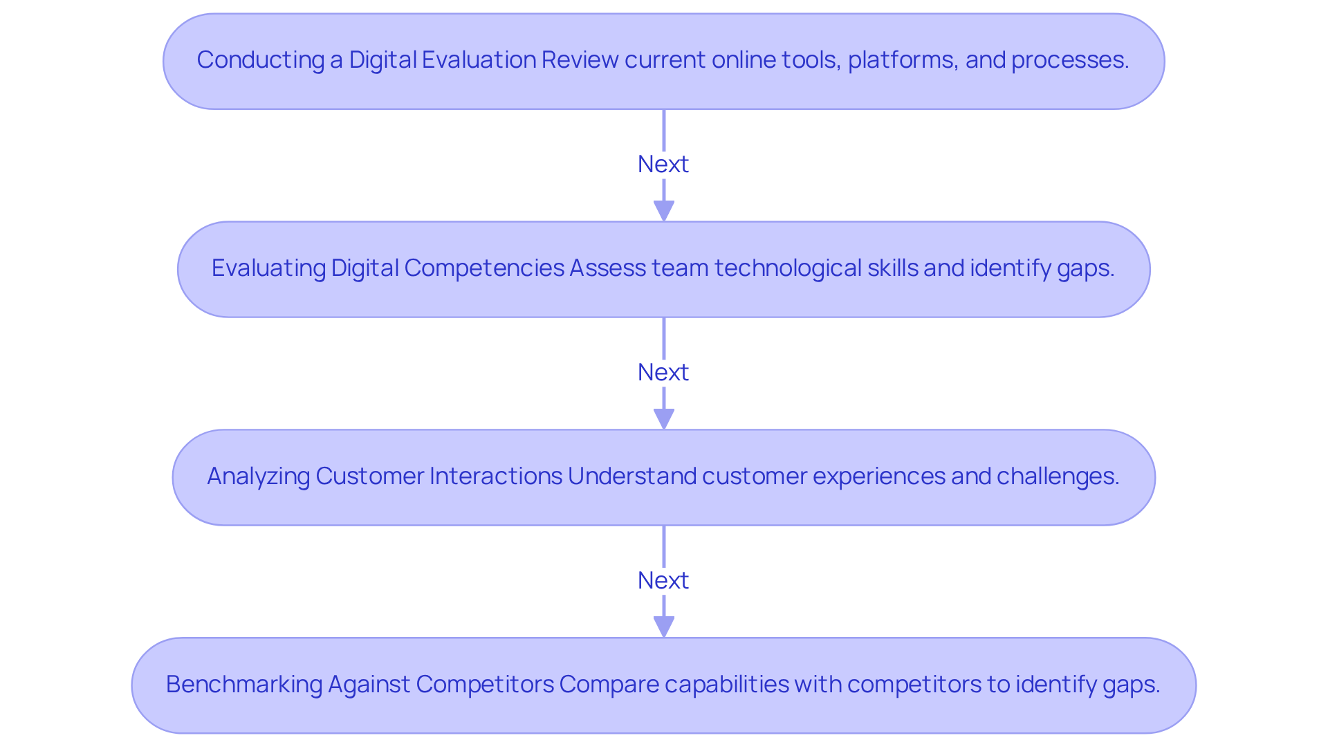 Each box represents a step in the assessment process. Follow the arrows to see how to evaluate your startup's digital capabilities step by step. Each box represents a step in the assessment process. Follow the arrows to see how to evaluate your startup's digital capabilities step by step.