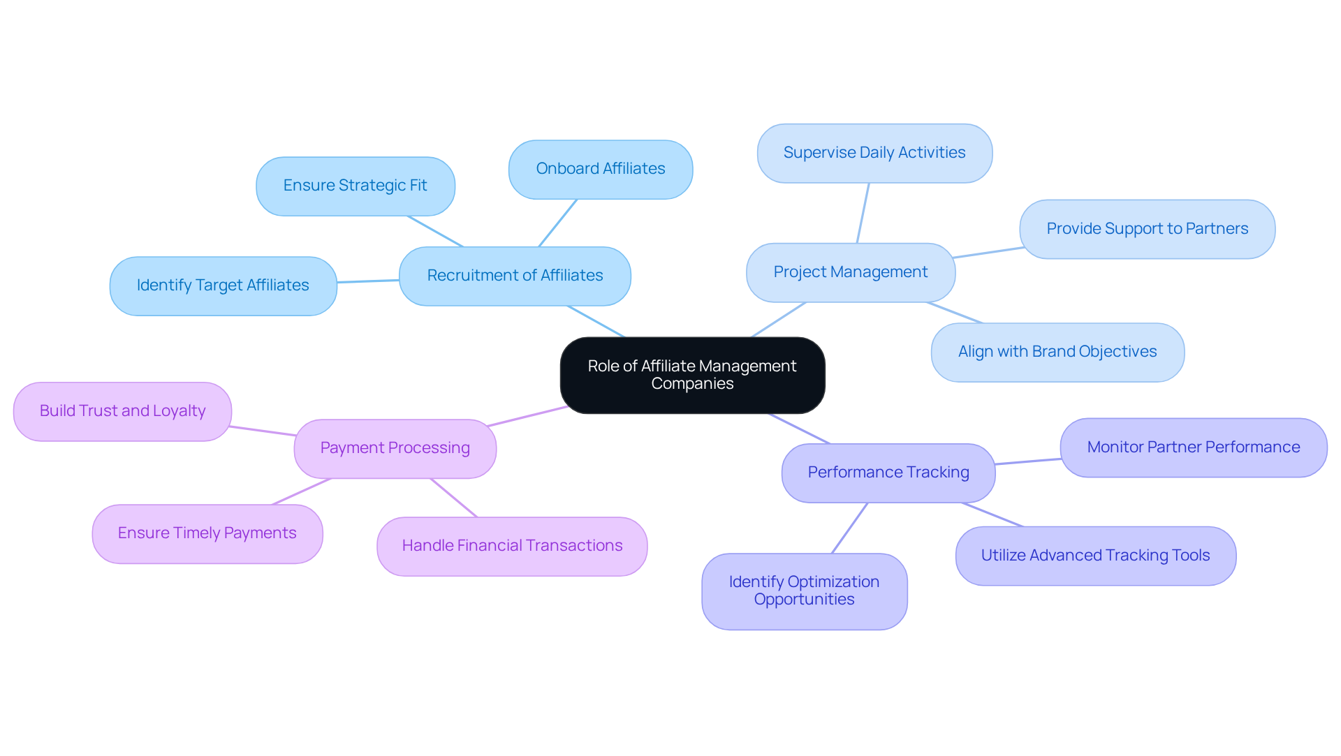 The central node represents the overall role of affiliate management companies. Each branch shows a key responsibility, and the sub-branches provide more details about what that responsibility entails. This structure helps you see how each part contributes to the overall effectiveness of partnership marketing. The central node represents the overall role of affiliate management companies. Each branch shows a key responsibility, and the sub-branches provide more details about what that responsibility entails. This structure helps you see how each part contributes to the overall effectiveness of partnership marketing.