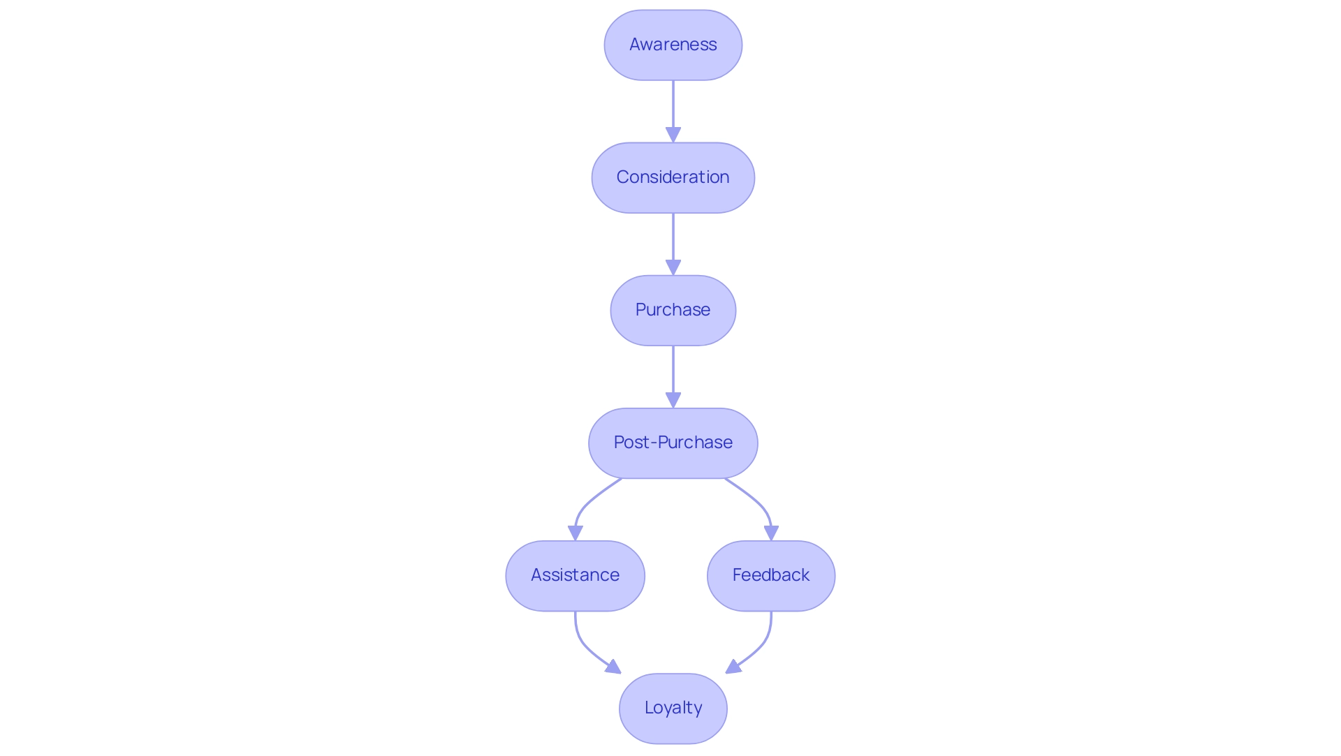 Each box represents a stage in the customer journey, with arrows showing the progression from Awareness to Loyalty, highlighting key interactions and touchpoints.