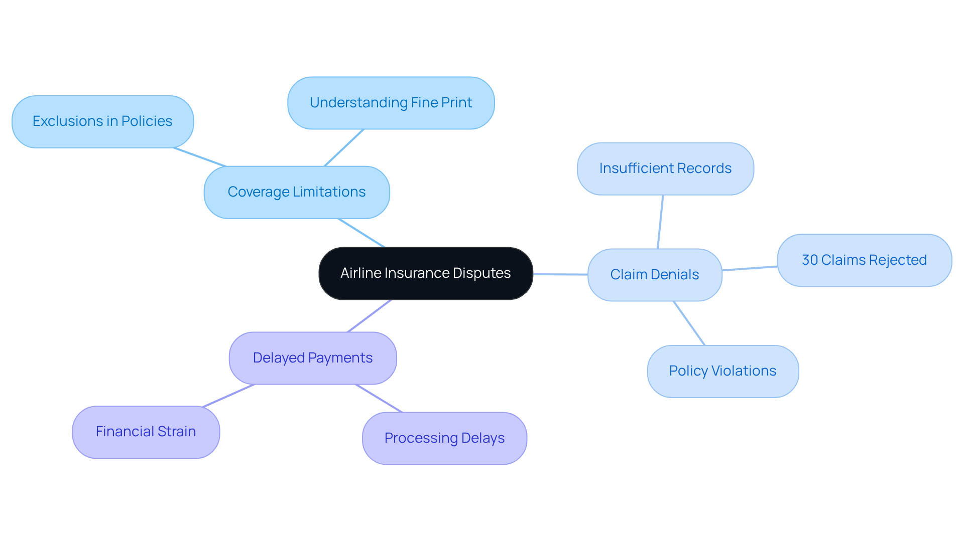 The central node represents the main topic of airline insurance disputes. Each branch shows a key issue related to these disputes, helping you understand the complexities and challenges involved.