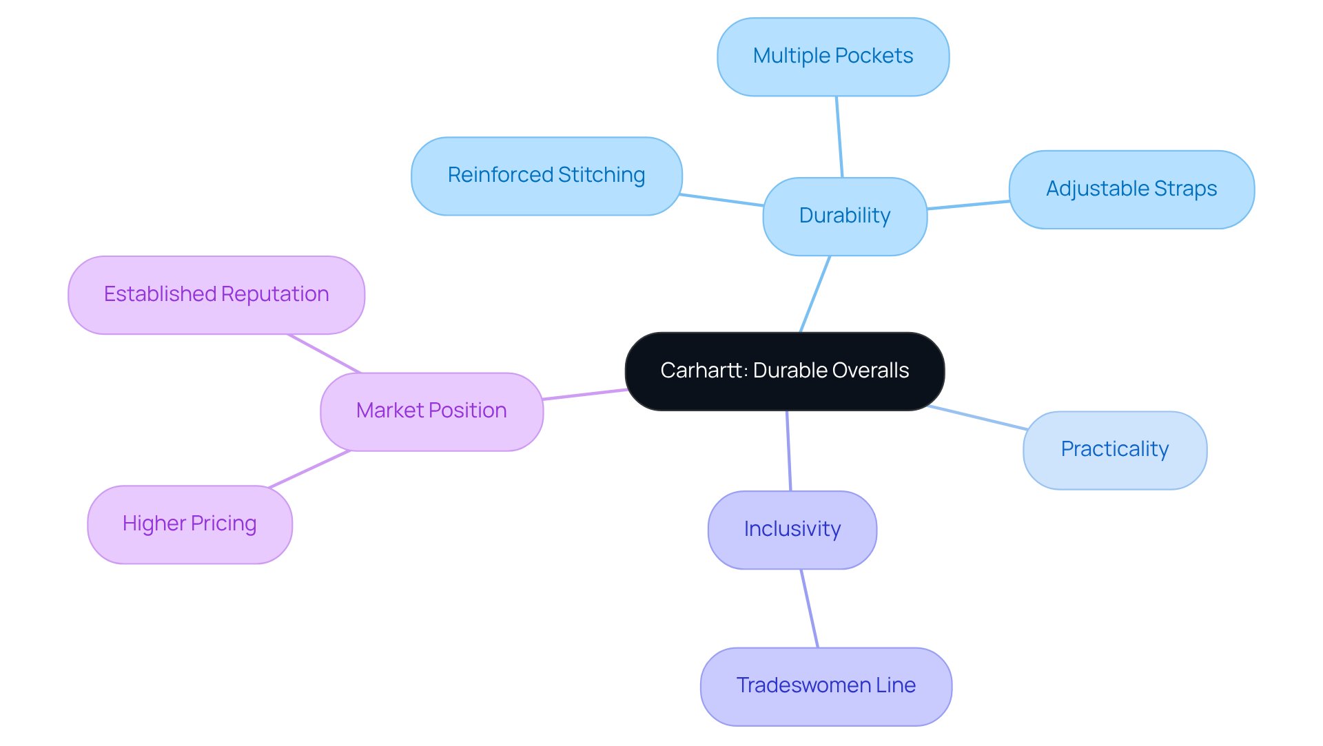 Start at the center with Carhartt's focus on durability, then explore the branches to see specific features and how they contribute to the overall effectiveness of their garments.