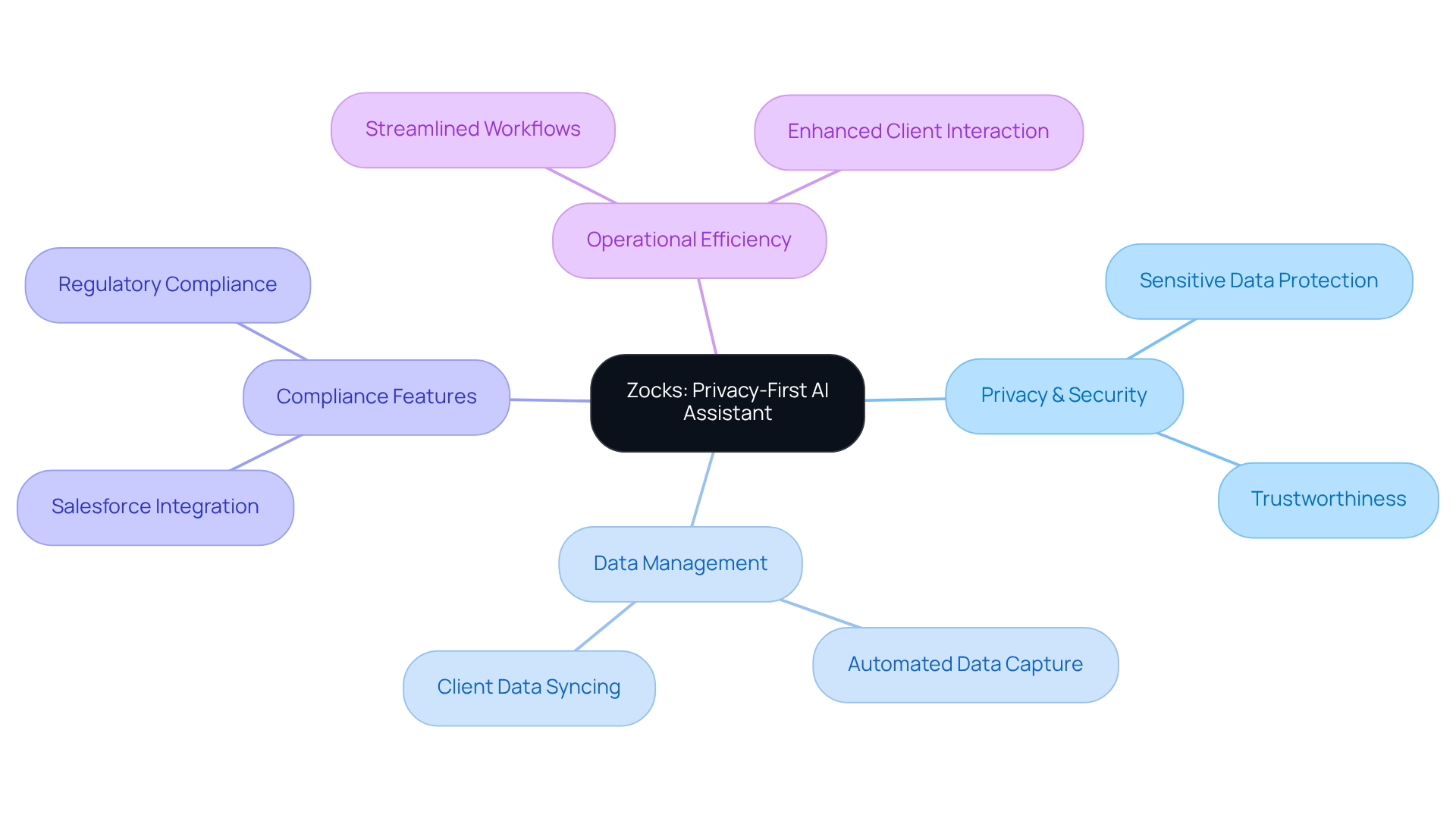 The central node represents Zocks, while the branches illustrate its key features and focus areas. Each branch connects to specific elements that highlight how Zocks supports financial advisors in managing client data securely and efficiently.