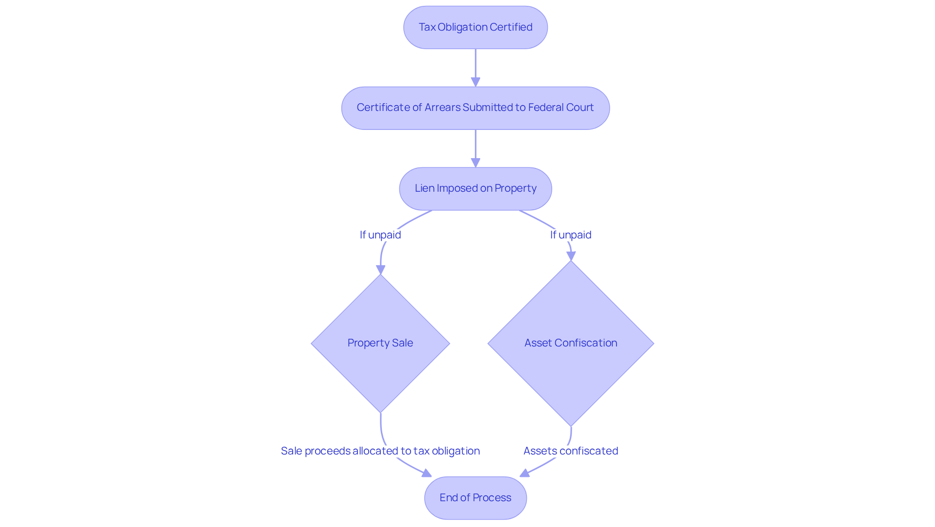 Follow the arrows to understand how the CRA registers and enforces tax liens. Each step shows the progression from certification of tax obligations to possible actions like selling property or confiscating assets.
