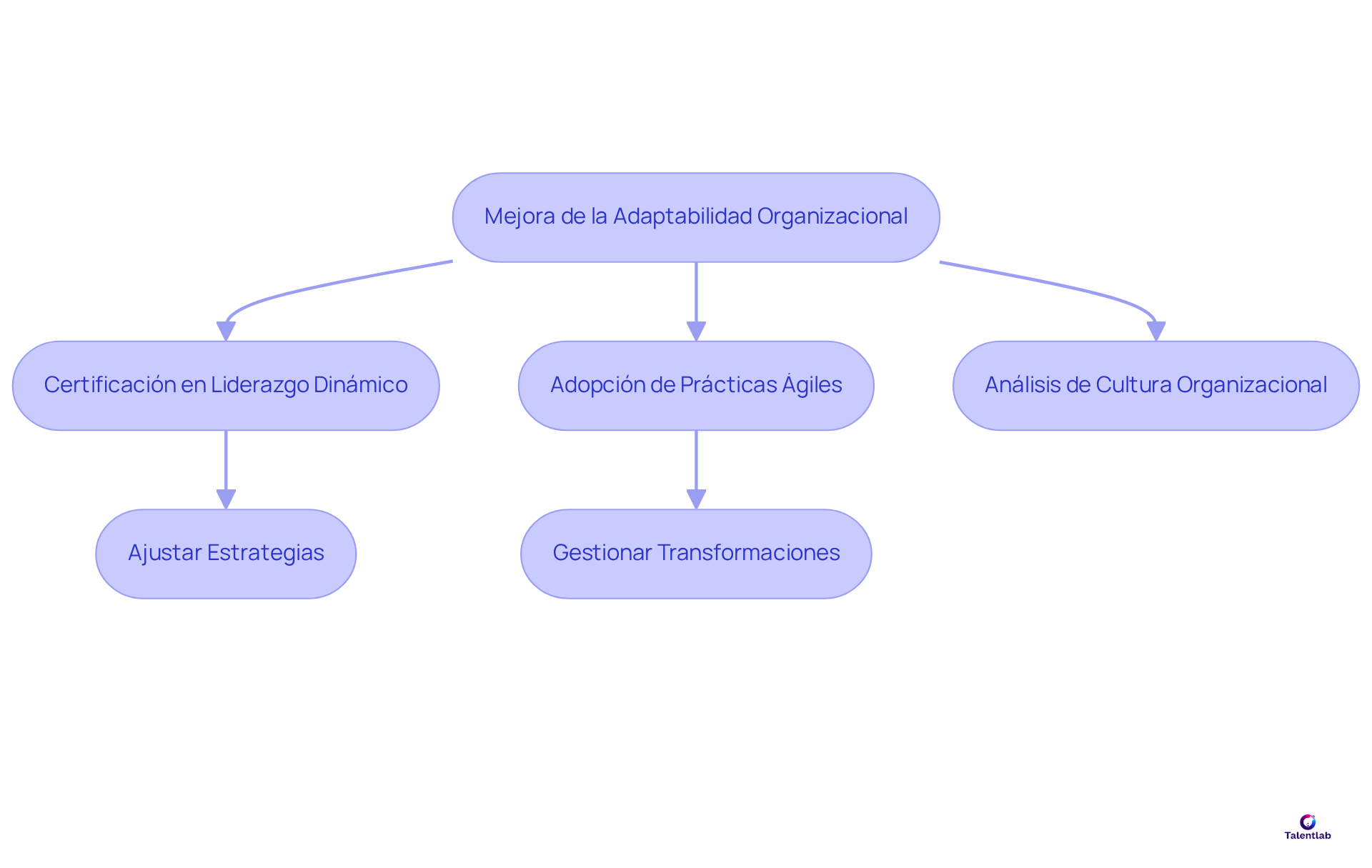Este diagrama muestra los pasos que las organizaciones pueden seguir para volverse más adaptables. Cada cuadro representa una etapa en el proceso, y las flechas indican cómo se conectan entre sí. Sigue el flujo para entender cómo cada acción contribuye a la agilidad organizacional.