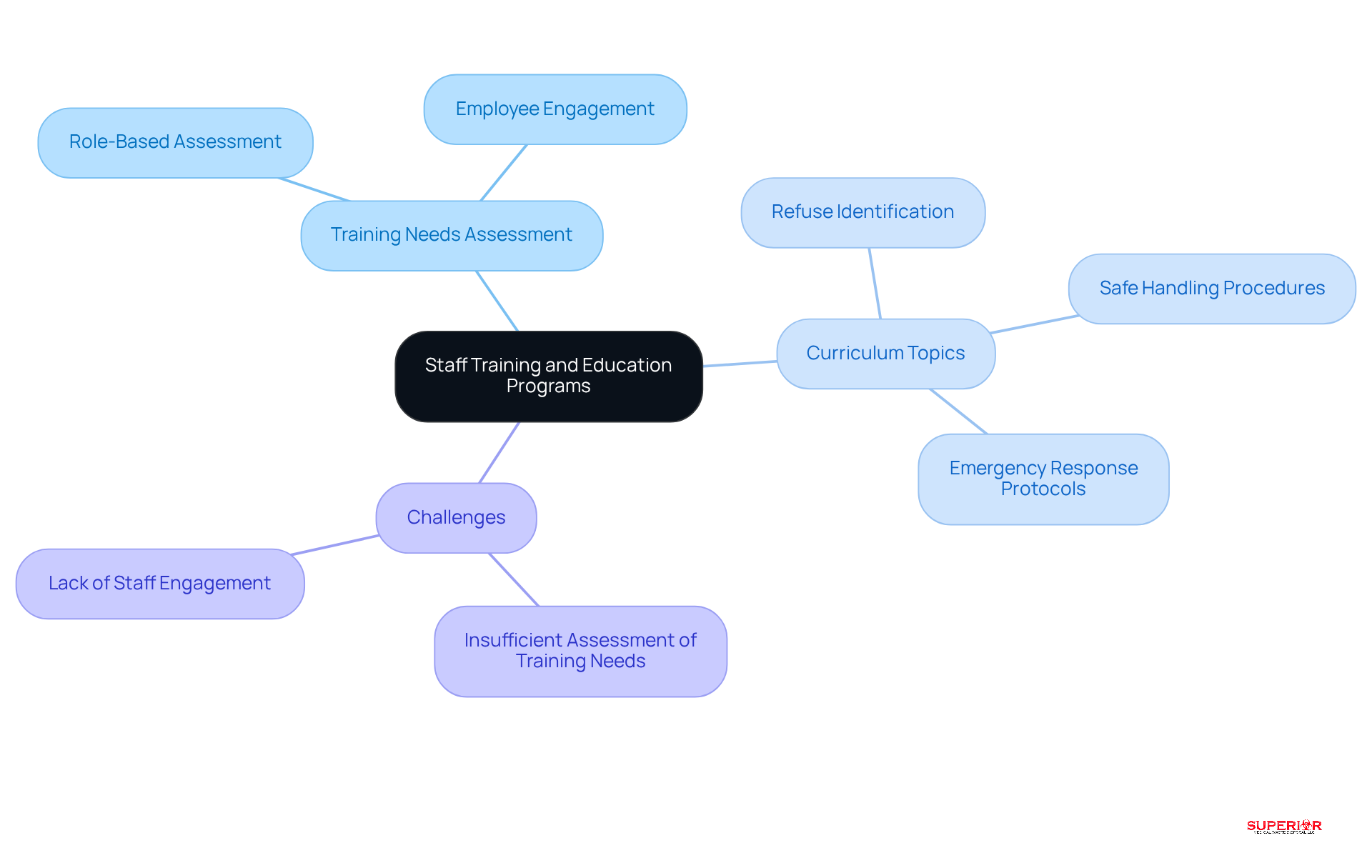 The center represents the main focus on staff training, with branches showing the key areas of assessment, curriculum, and challenges. Each sub-branch provides specific details related to those areas.