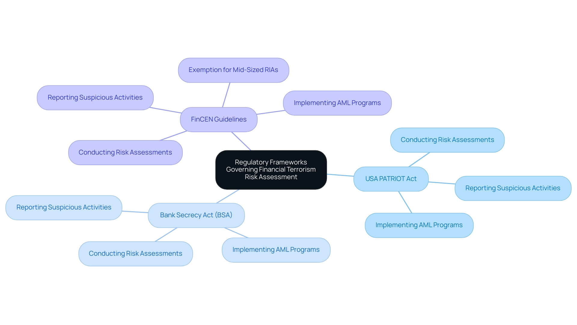 Each branch represents a regulatory framework, with sub-branches detailing specific requirements and actions mandated for financial institutions.