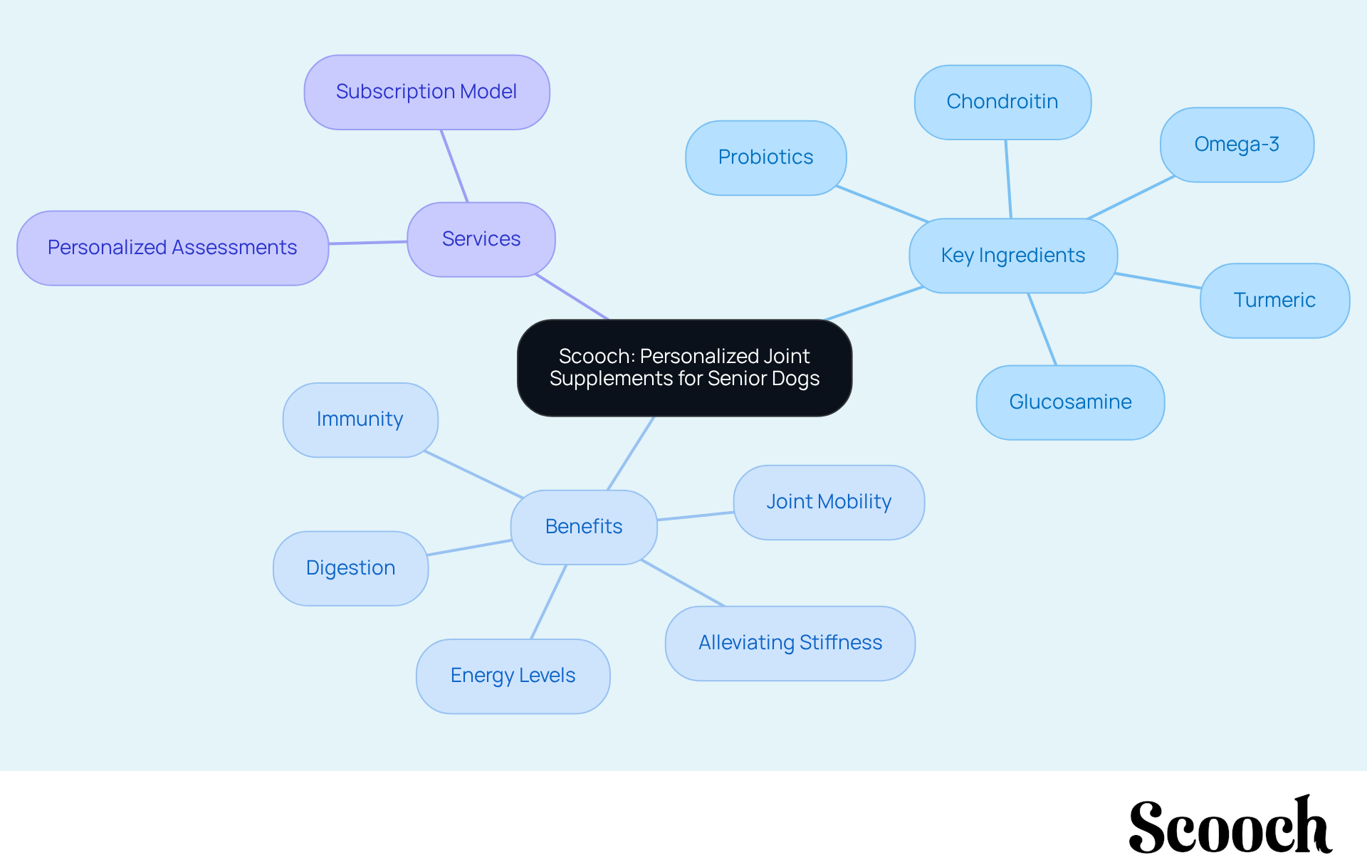 The center represents Scooch's joint supplements, and the branches show important ingredients, benefits for your dog, and services offered. Each color-coded branch helps you see how everything connects to support your senior dog's health.