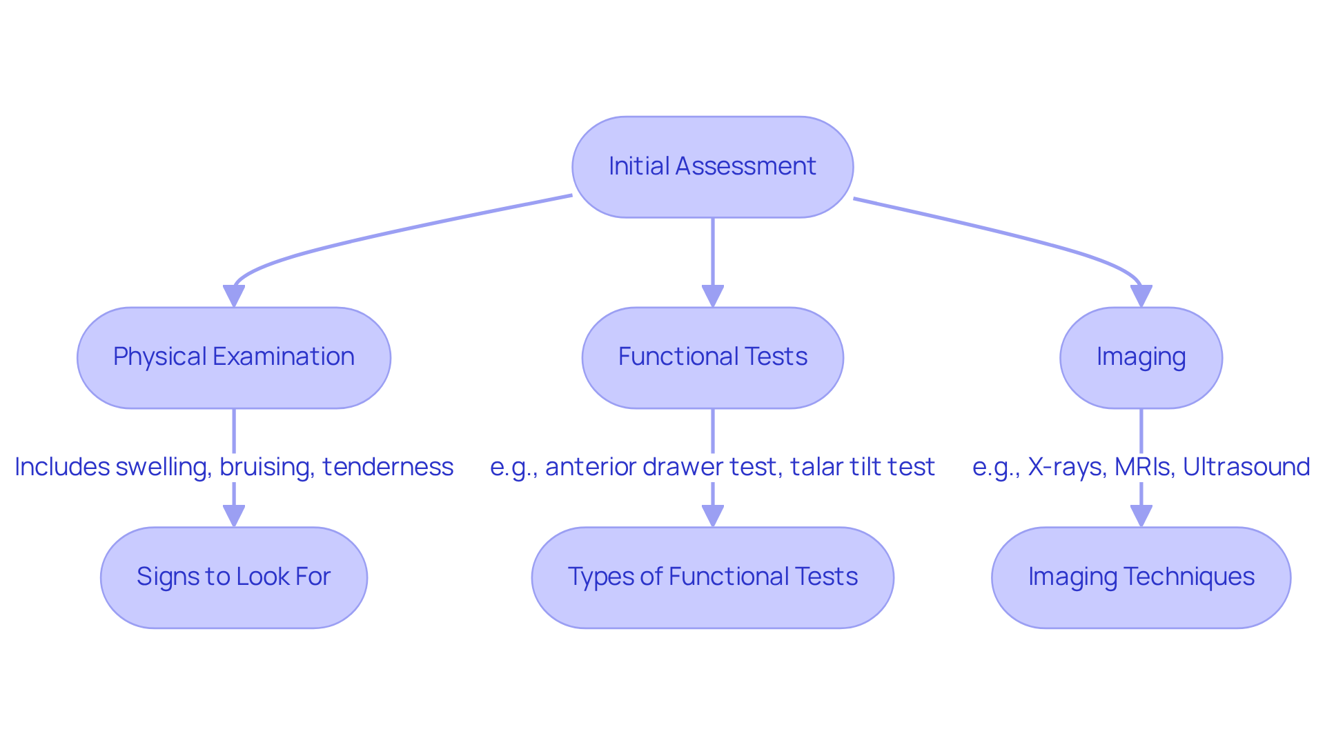Follow the arrows to see how each step in the assessment process connects. Starting with the initial assessment, you can see how physical exams lead to functional tests and possibly imaging, guiding you toward an accurate diagnosis and treatment plan.