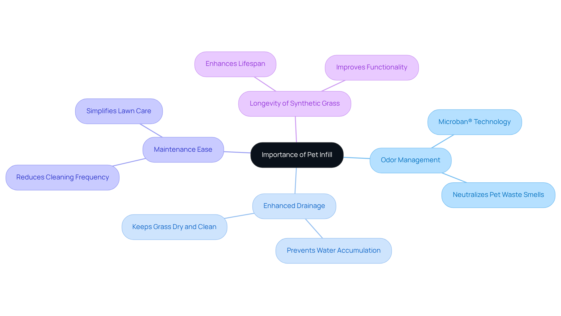 The central idea is about pet infill, and each branch shows a different benefit. Follow the branches to see how each benefit contributes to a better environment for pets and easier maintenance for homeowners. The central idea is about pet infill, and each branch shows a different benefit. Follow the branches to see how each benefit contributes to a better environment for pets and easier maintenance for homeowners.