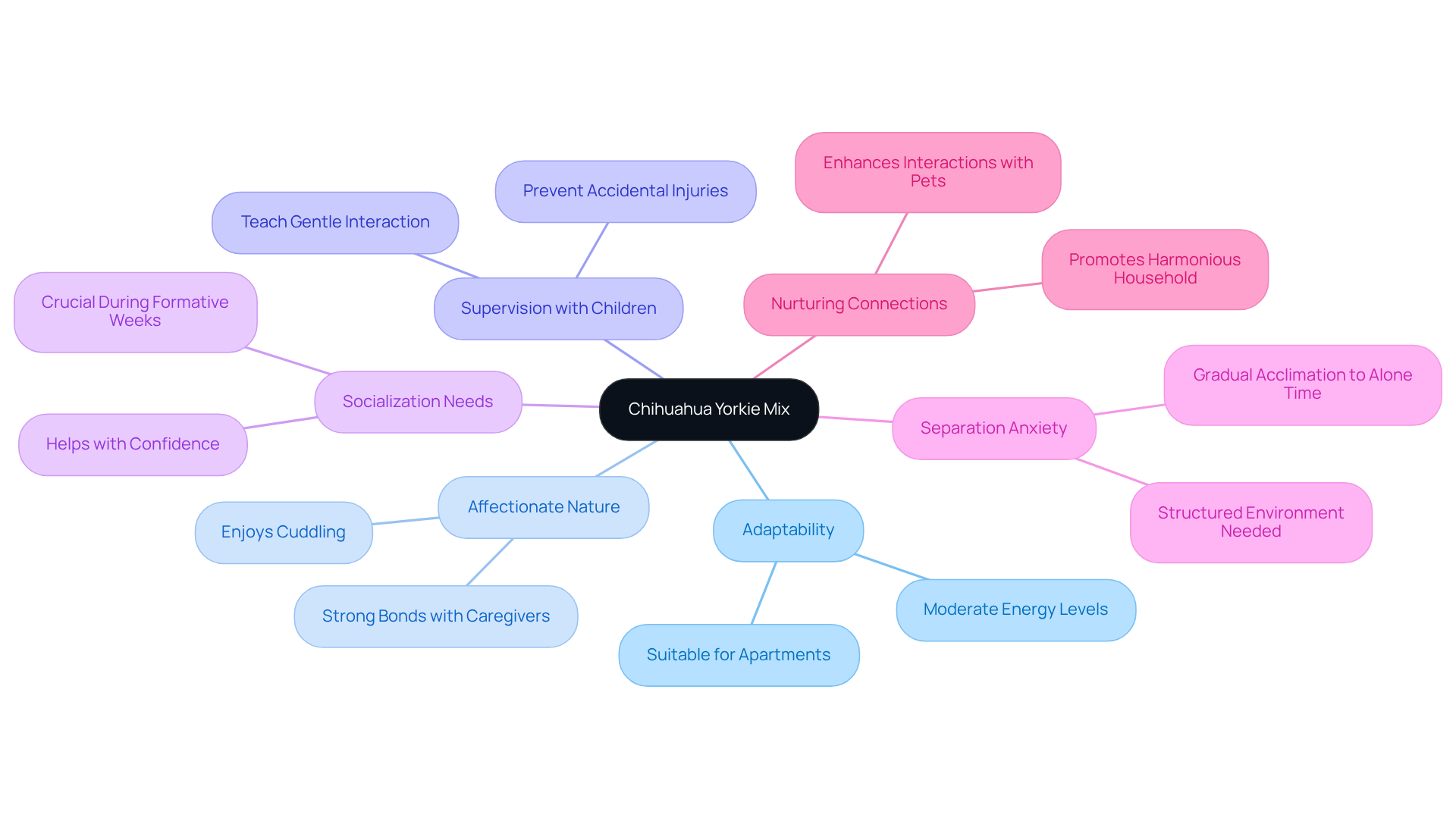 This mindmap illustrates how the Chihuahua Yorkie mix interacts with families. The central idea branches out into various aspects of their behavior and needs, providing an overview of how to create a supportive environment for them.