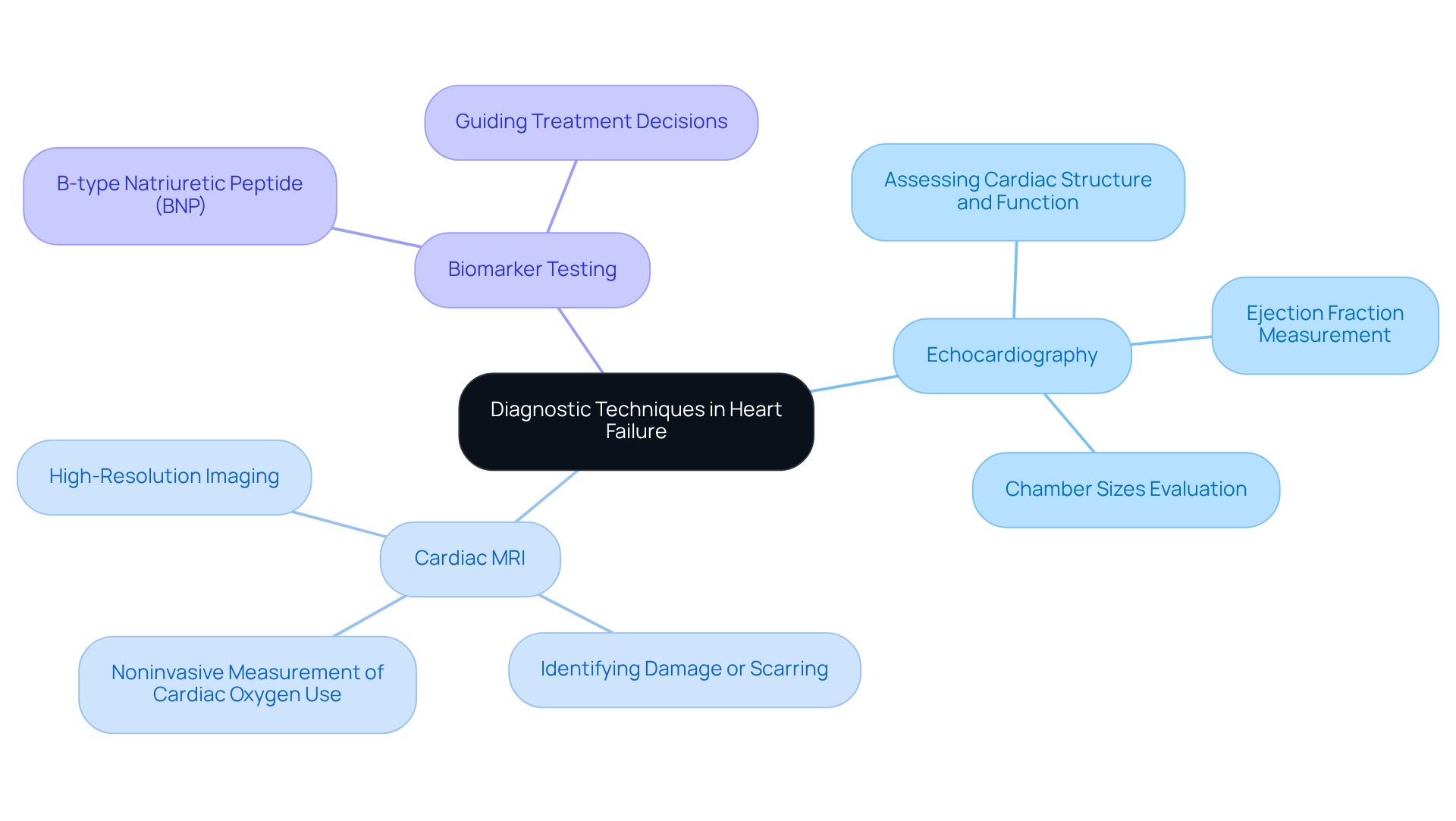 This mindmap illustrates the various diagnostic methods used to evaluate heart failure. Start at the center with the main topic, then explore each branch to learn about specific techniques and their roles in patient care.