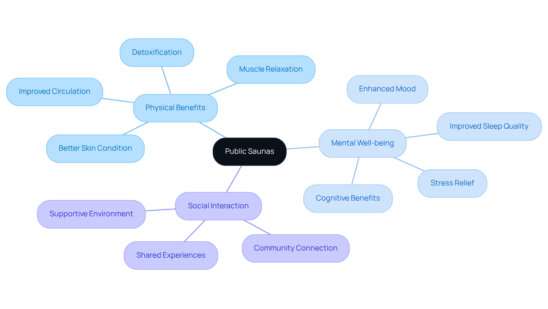 The center represents public saunas, and the branches highlight various benefits. Each color-coded category shows how saunas contribute to physical health, mental well-being, and social connections.