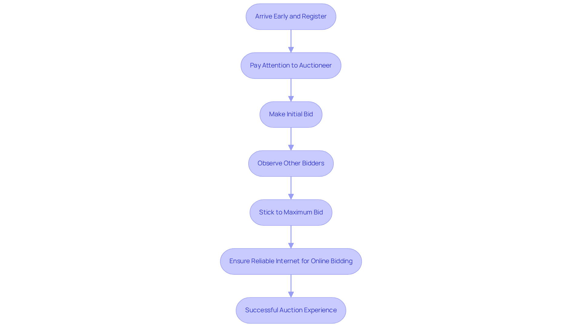 Follow the arrows to see the steps you need to take for a successful auction experience. Each box represents an important action to help you bid effectively.