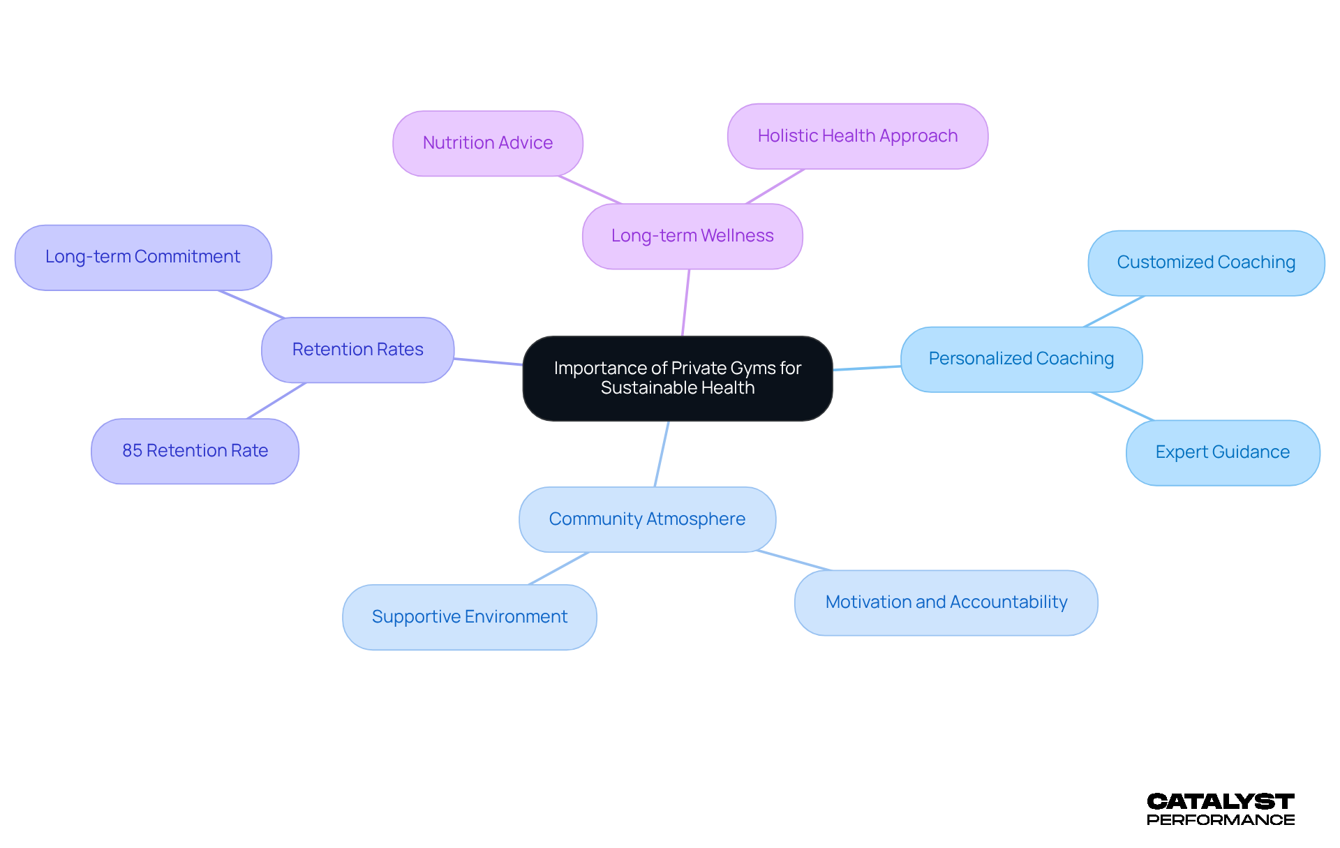 Start at the center with the main idea, then follow the branches to explore how personalized coaching, community support, and long-term wellness contribute to sustainable health.