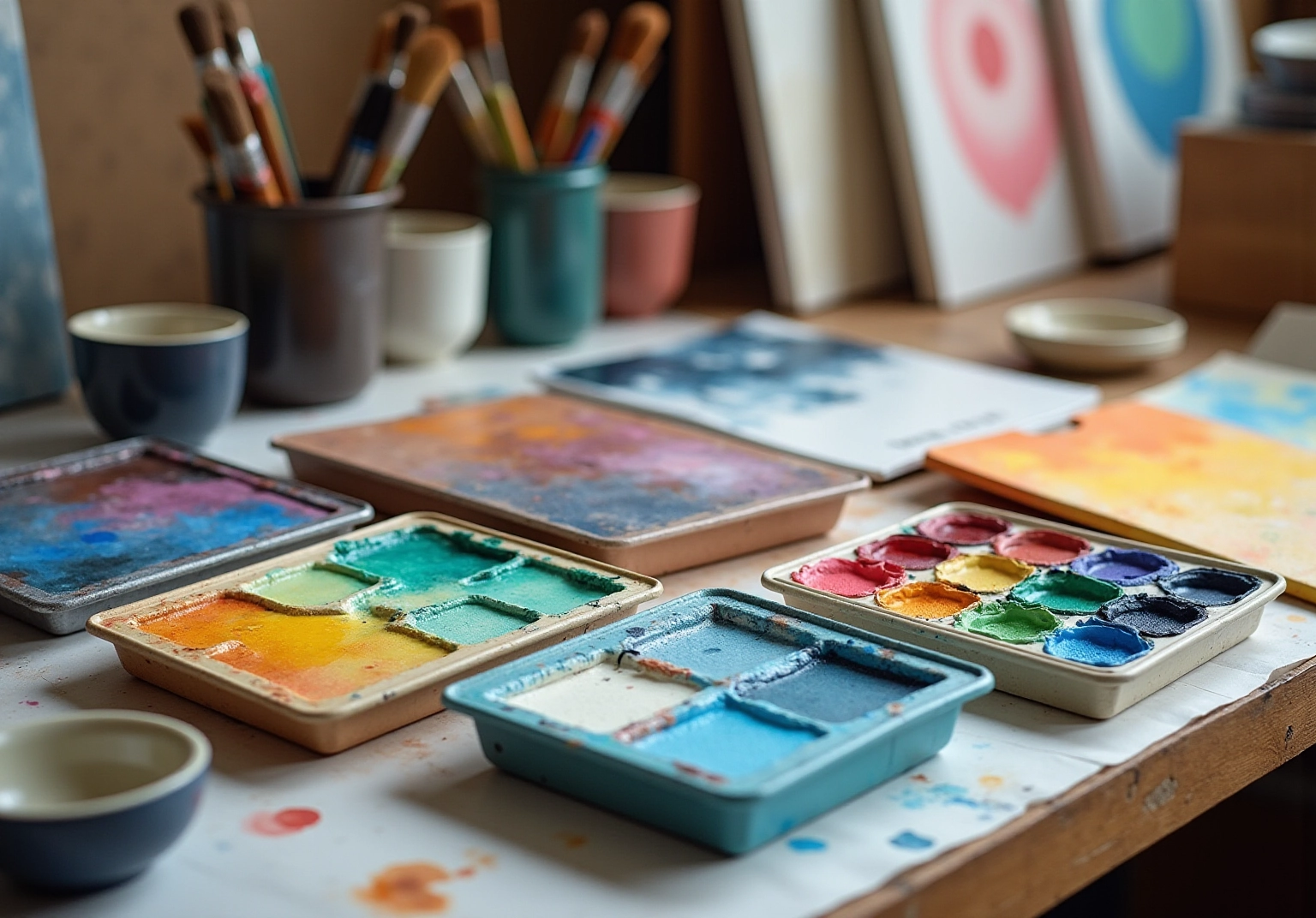 Variety of Watercolor Palettes in an Artist's Workspace