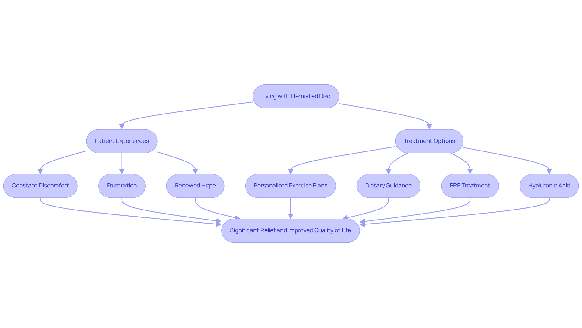 This flowchart illustrates the journey of patients living with a herniated disc. It starts with their initial struggles and shows how various treatments lead to significant relief and a return to enjoying life. Follow the arrows to see how each step connects to the next! This flowchart illustrates the journey of patients living with a herniated disc. It starts with their initial struggles and shows how various treatments lead to significant relief and a return to enjoying life. Follow the arrows to see how each step connects to the next!