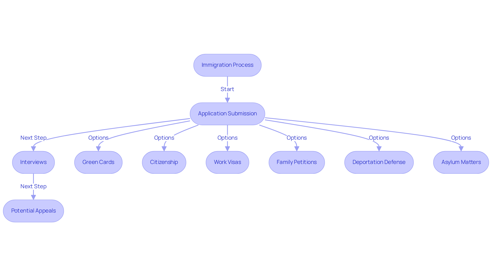 This flowchart outlines the steps in the immigration process. Each box represents a stage, and the arrows show how you move from one step to the next. The services listed under each stage are the options available to you at that point in the process. This flowchart outlines the steps in the immigration process. Each box represents a stage, and the arrows show how you move from one step to the next. The services listed under each stage are the options available to you at that point in the process.