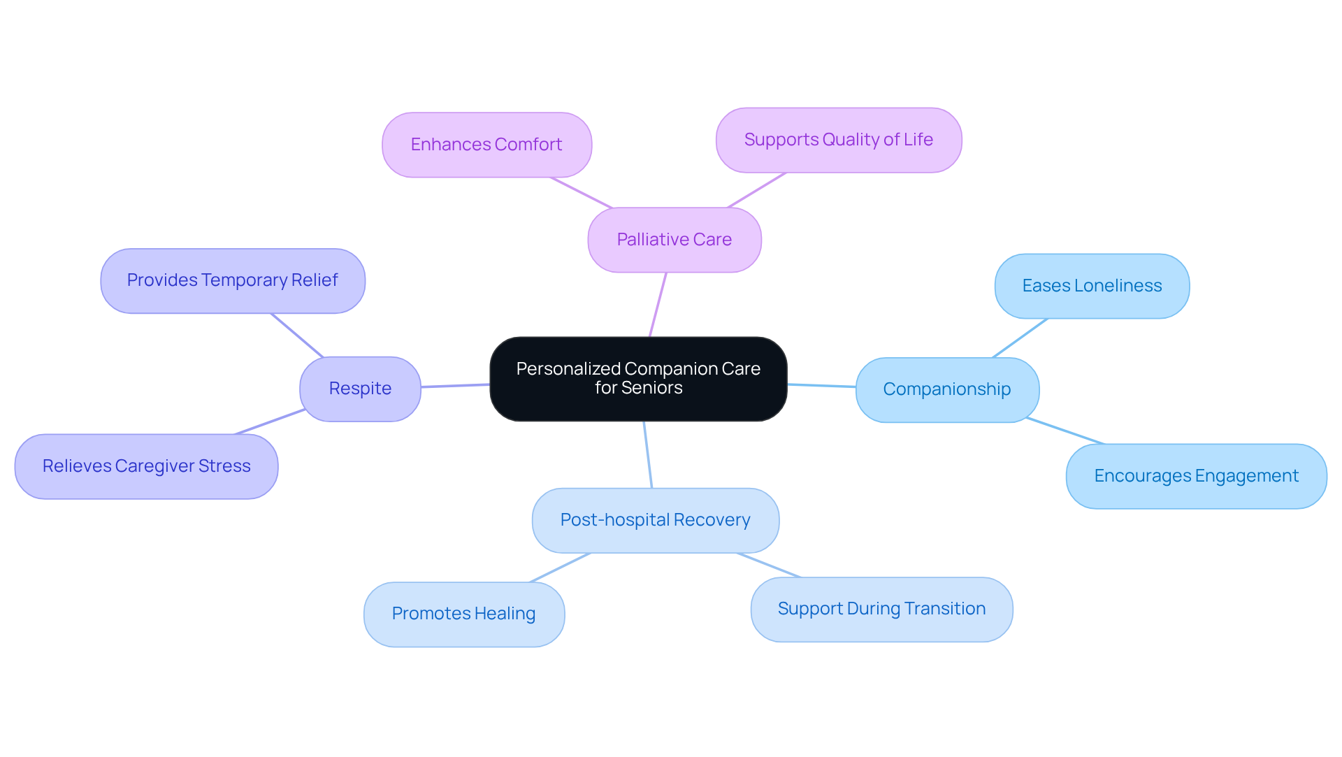 The center represents the main theme of companion care, with branches showing the different services. Each branch highlights how these services help seniors feel less lonely and more engaged, ultimately improving their well-being.