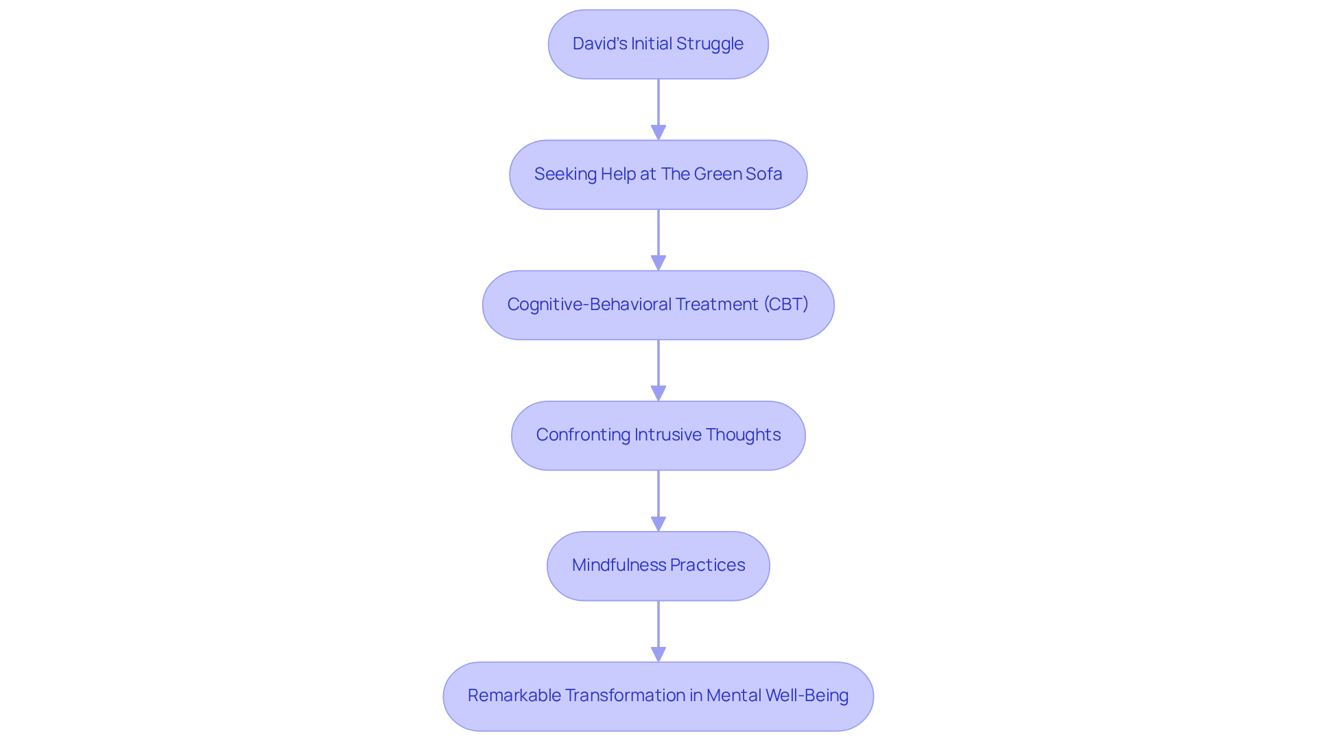 This flowchart illustrates David's journey from confusion to healing. Each box represents a key step in his transformation, showing how he moved through the process with professional support and personal growth.