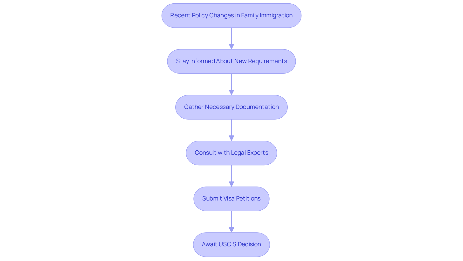 Each box represents a step in the process that healthcare professionals need to follow — from learning about policy changes to submitting petitions. Follow the arrows to see how steps connect and progress through the immigration process.