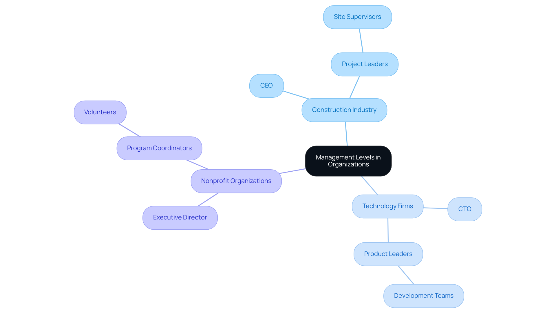 This mindmap shows how different organizations structure their management. Start at the center with the main topic, then follow the branches to see how roles like CEOs, project leaders, and supervisors fit into the overall hierarchy. Each color represents a different industry, making it easy to compare their structures.