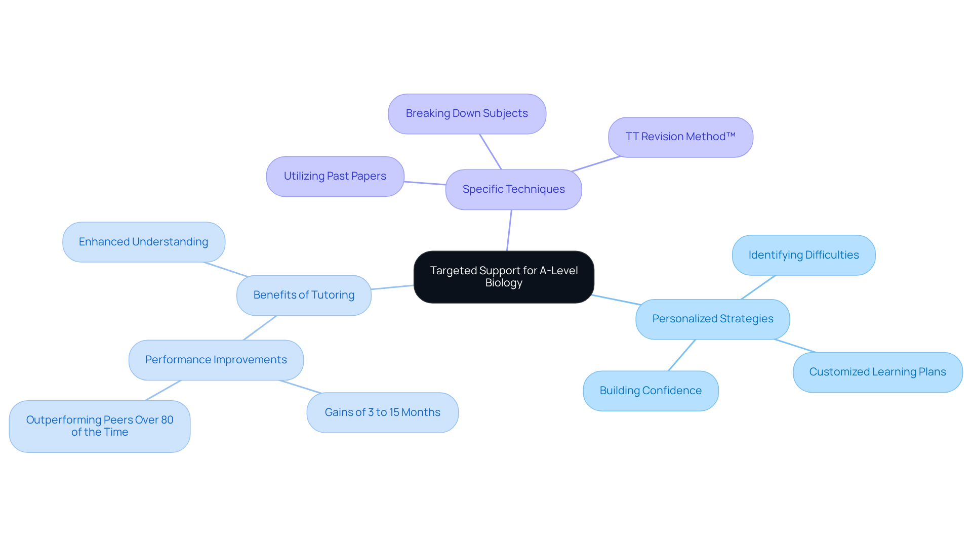 The center represents the main focus on targeted support, with branches showing different strategies and benefits. Each color-coded branch helps you see how various elements work together to help students succeed.