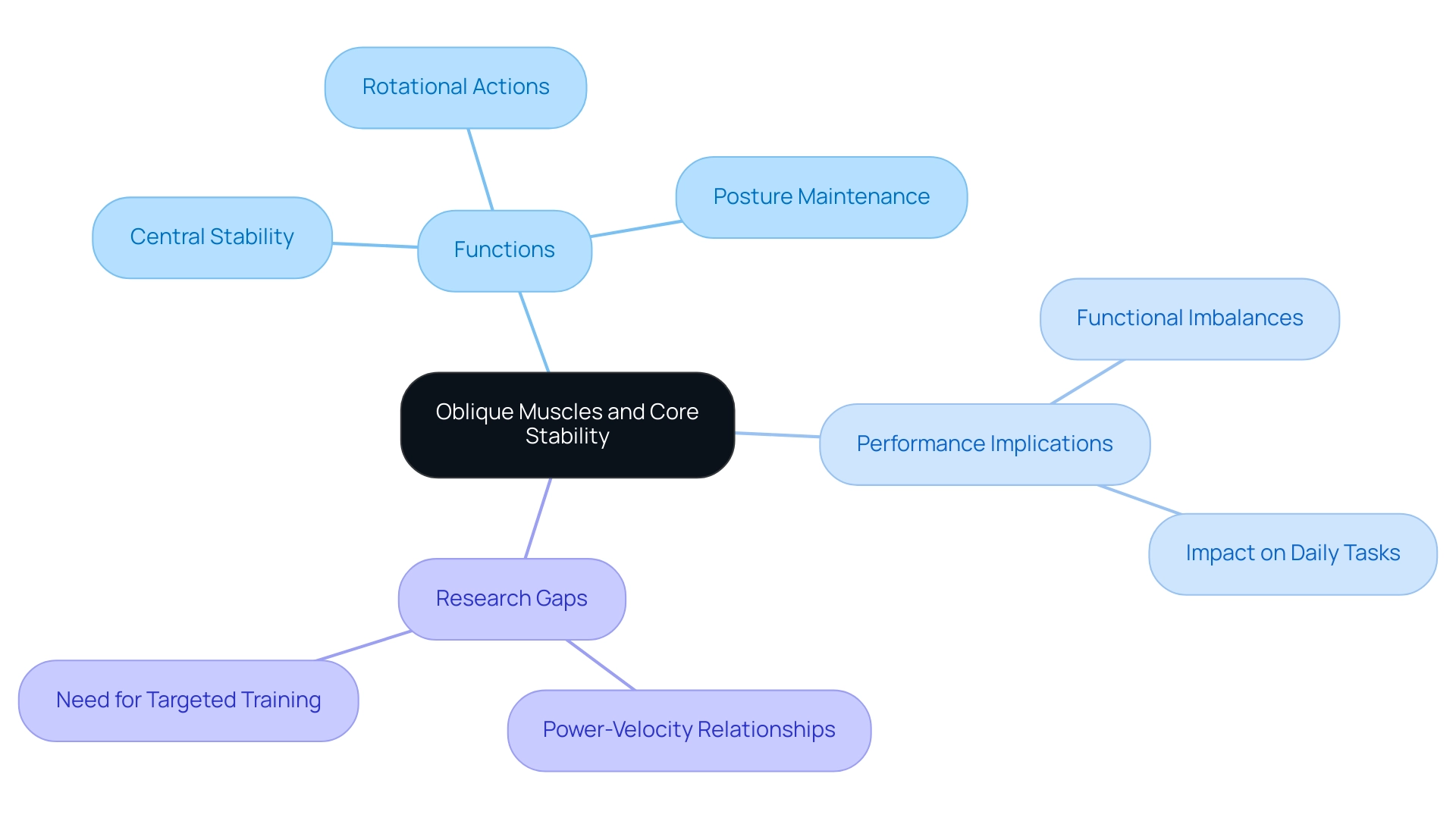 The central node represents the main topic, with branches indicating key areas: Functions, Performance Implications, and Research Gaps related to oblique muscles.