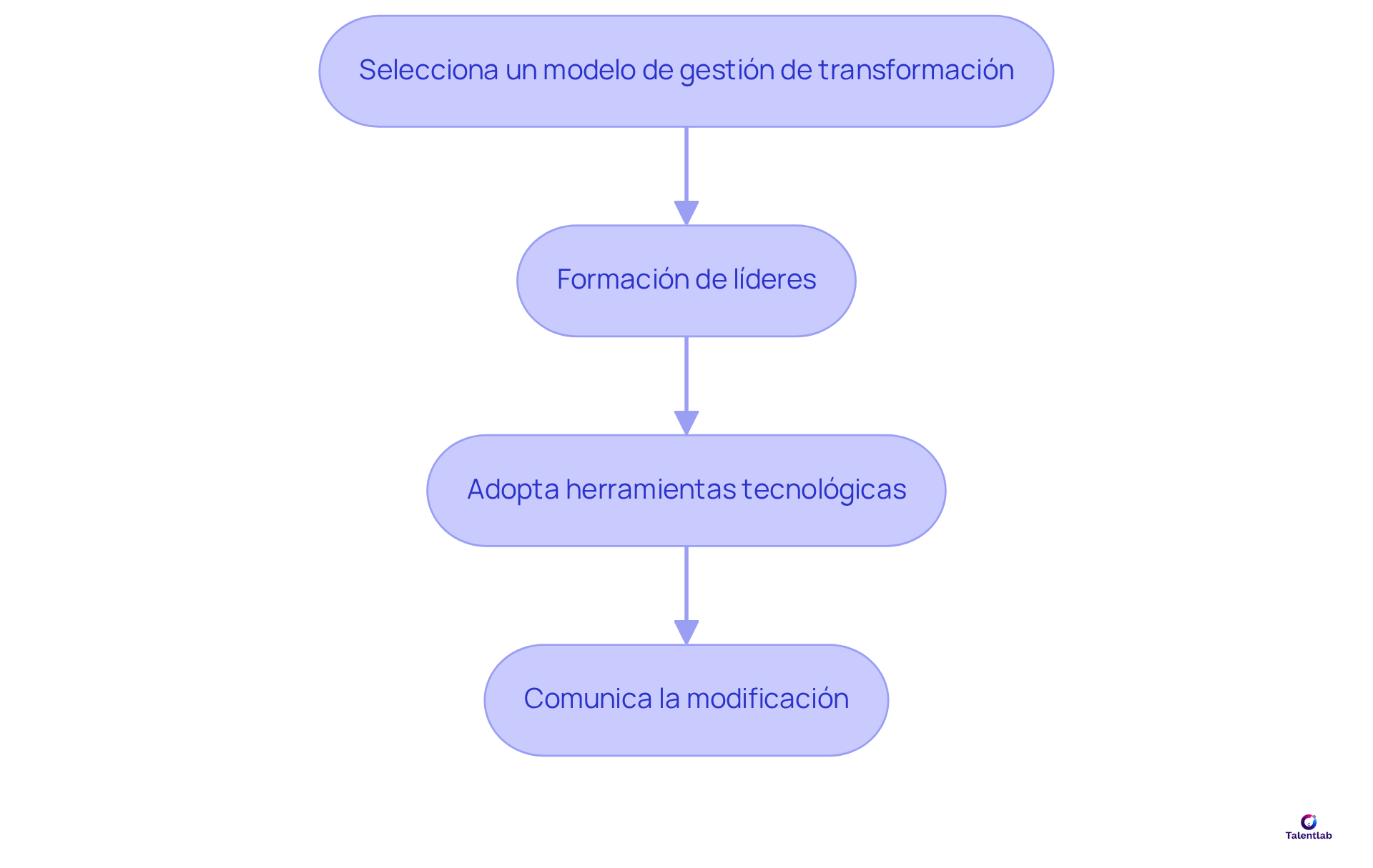 Cada cuadro representa un paso en el proceso de gestión del cambio. Sigue las flechas para entender cómo cada paso se conecta con el siguiente y cómo juntos forman un camino hacia el éxito organizacional.