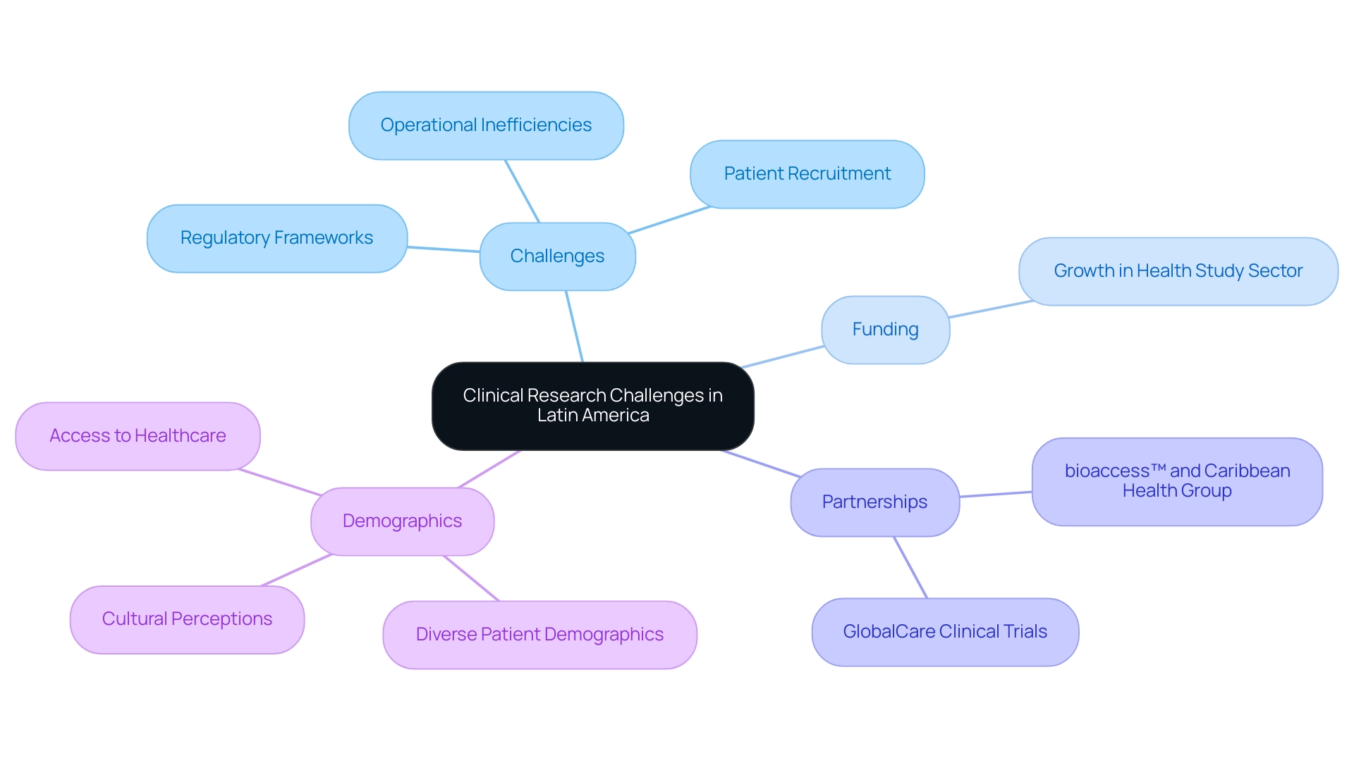 The central node represents the overall theme, with branches illustrating key challenges, funding aspects, partnerships, and patient demographics, each color-coded for clarity.