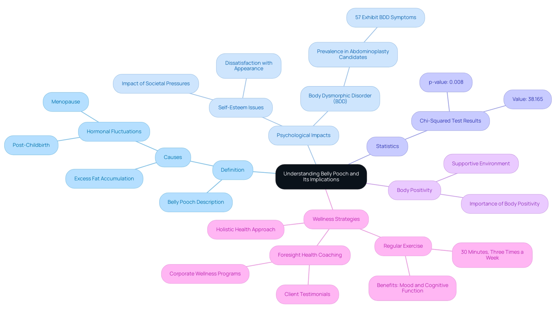 The central node represents the belly pooch concept, with branches indicating key themes and sub-branches detailing specific aspects related to each theme.