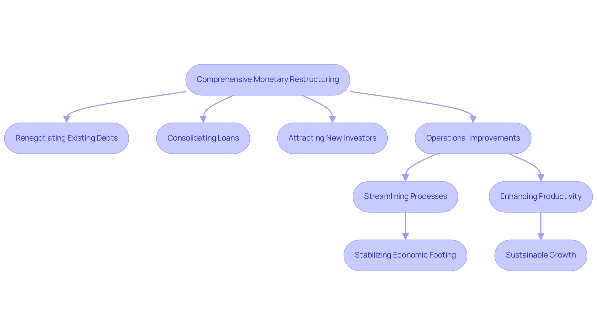 Each box represents a step in the financial recovery process, with arrows indicating the flow from strategies to outcomes.