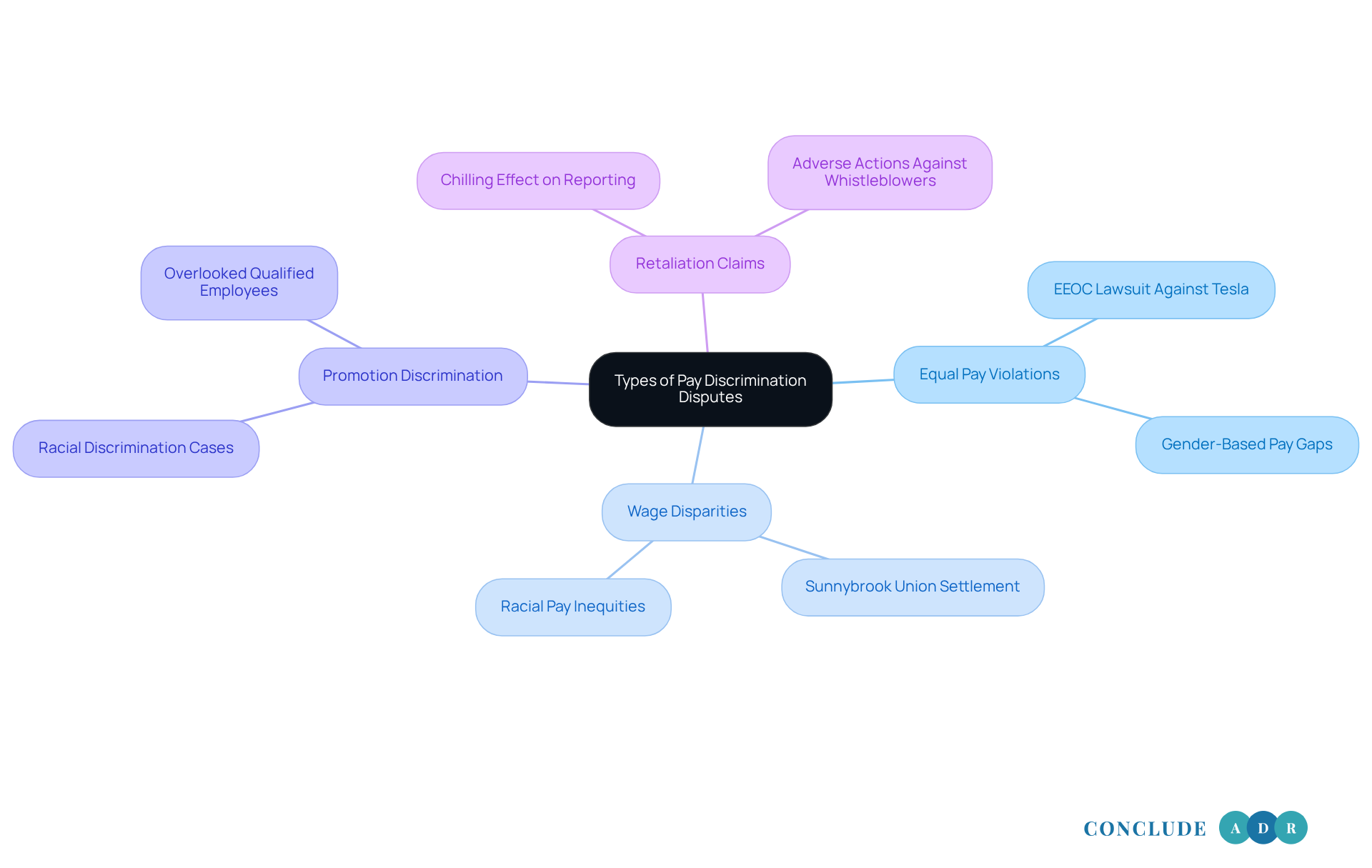 The central node represents the overall theme of pay discrimination disputes. Each branch shows a specific type of dispute, with further details or examples branching out from them. This layout helps visualize the connections and importance of each type.