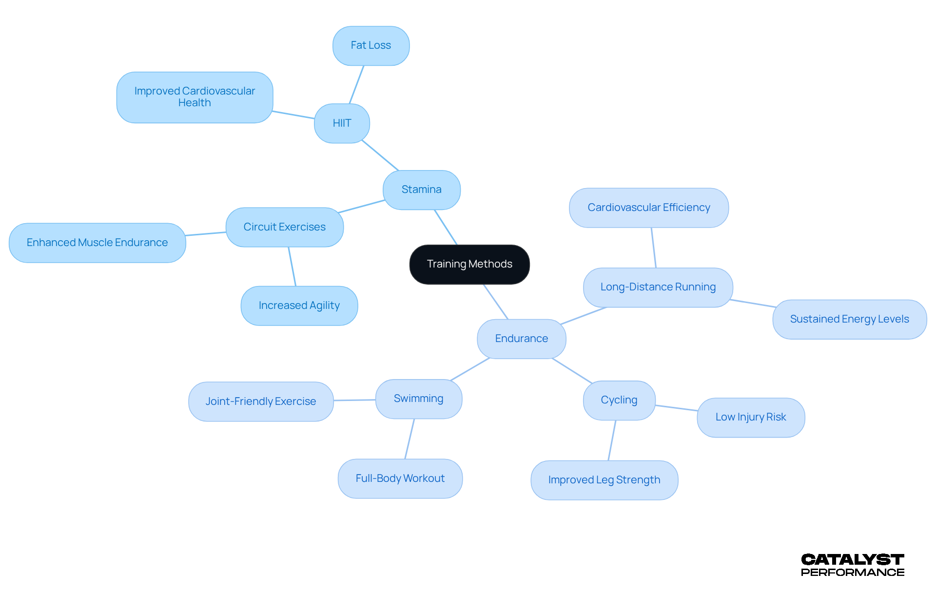 The central node represents the overall topic of training methods. The branches show the two main types of training: stamina and endurance, with further details on exercises and benefits. Follow the branches to understand how each method contributes to fitness. The central node represents the overall topic of training methods. The branches show the two main types of training: stamina and endurance, with further details on exercises and benefits. Follow the branches to understand how each method contributes to fitness.